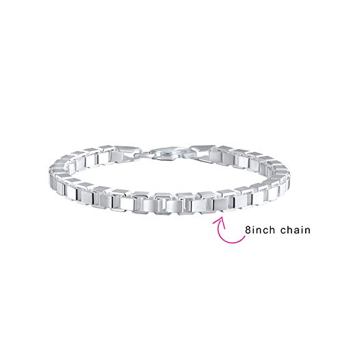 Unisex Solid Mirror Venetian Box Link Chain Bracelet For Men Teen .925 Sterling Silver Made In Italy 8 Inch