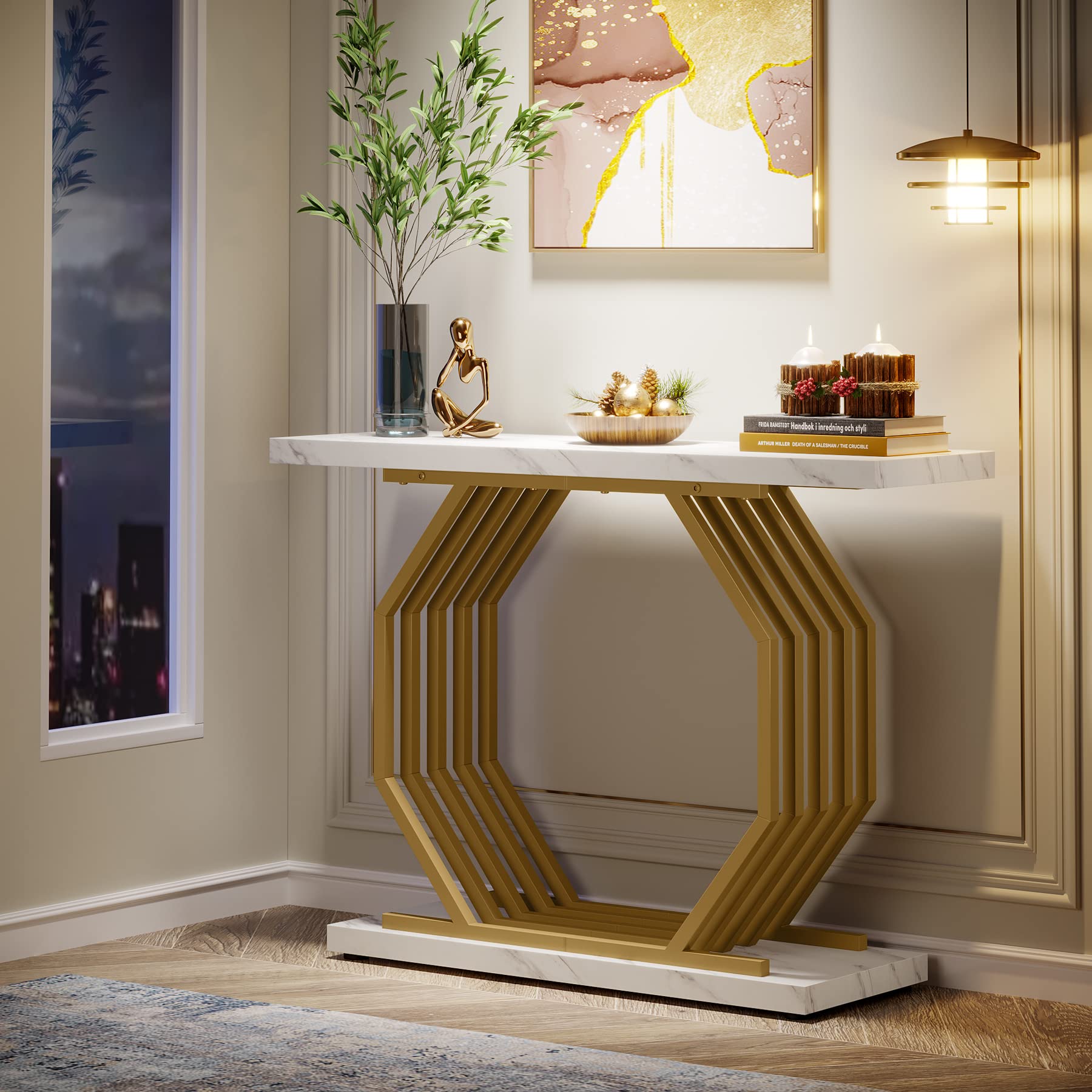 Tribesigns Gold Console Table, Faux Marble Entryway Table Narrow Sofa Table with Geometric Metal Base, 40 Inch Modern Accent Table Entrance Table for Living Room, Hallway, Foyer, Black