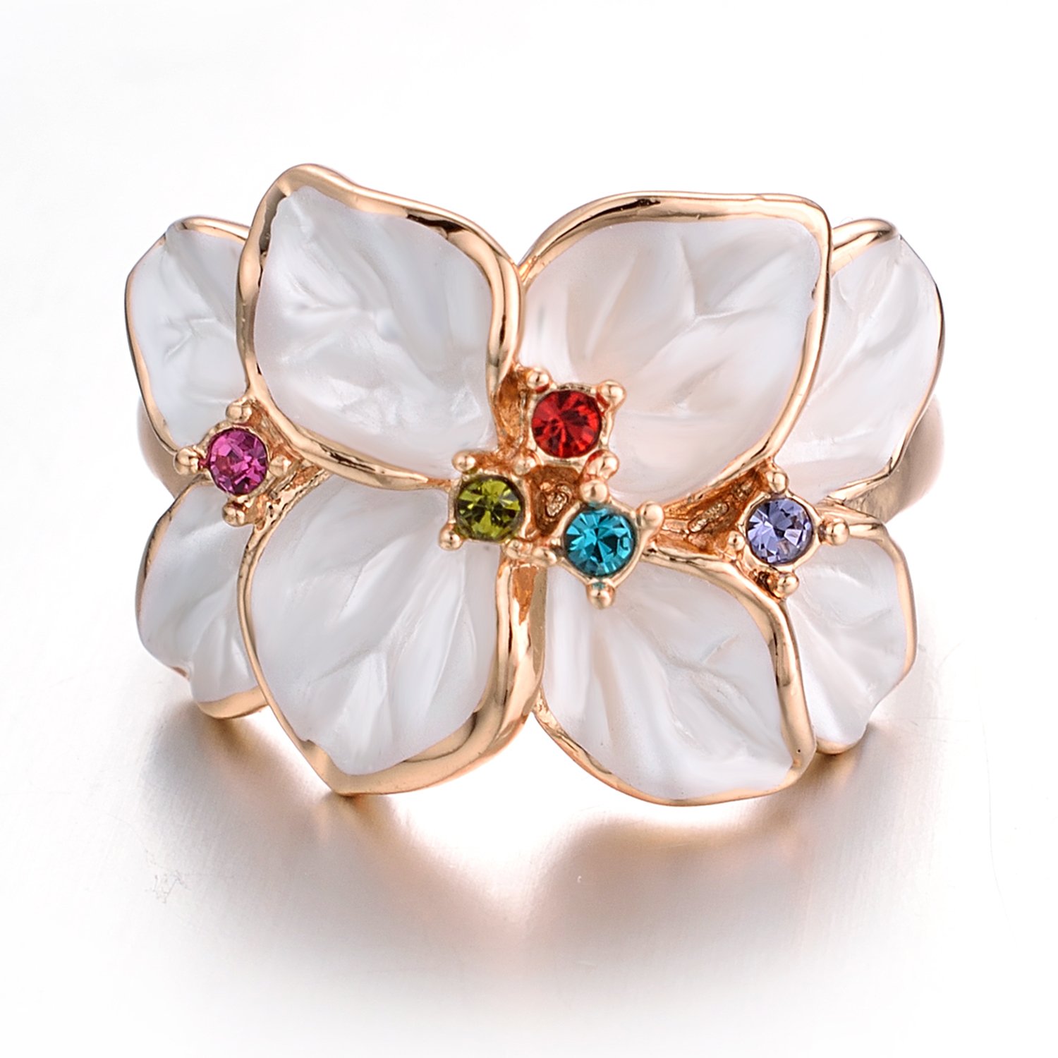 Yoursfs Statement Rings For women White enamel Flower Crystal Cocktail Ring Size 8 Gift