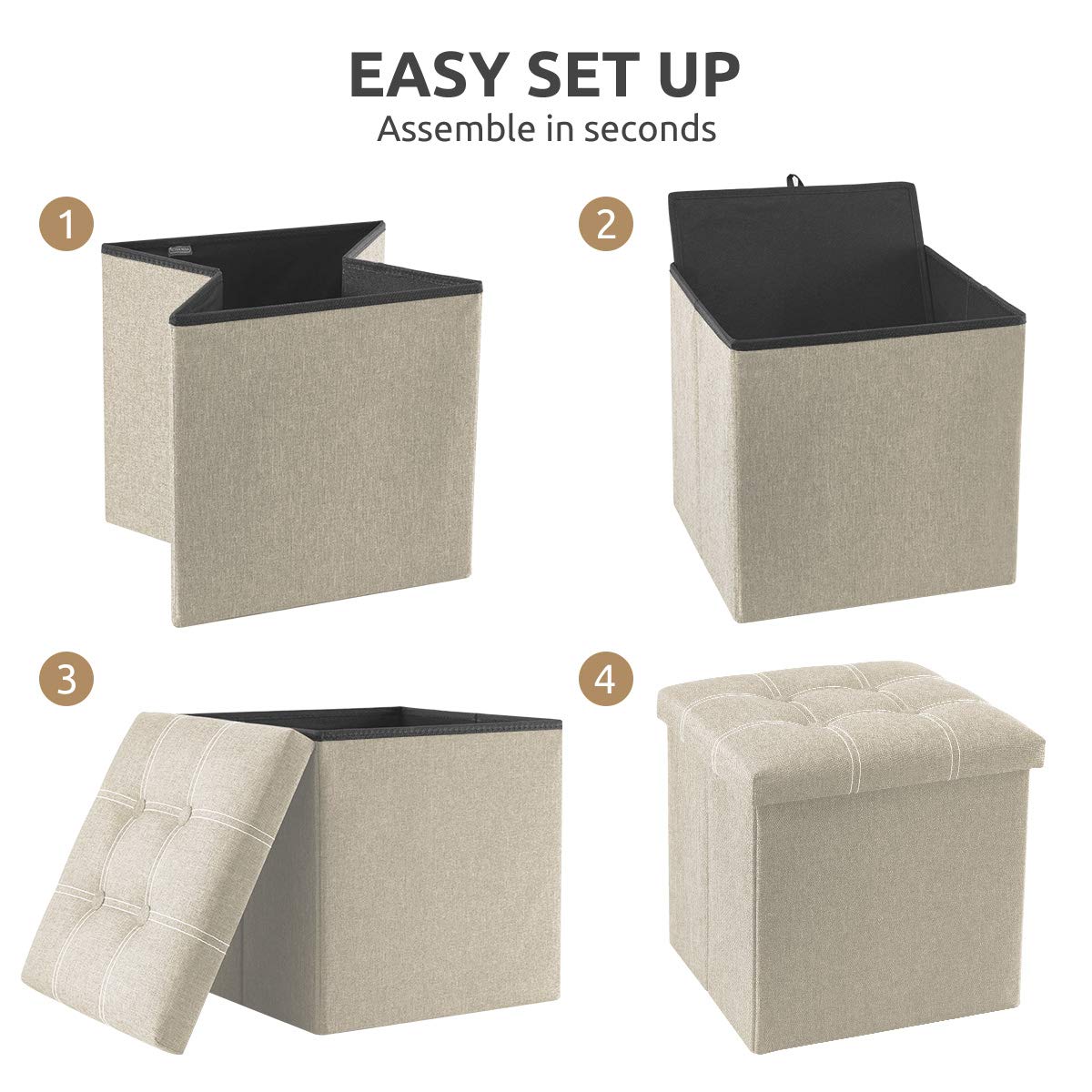 YOUDENOVA 15 inches Storage Ottoman Cube, Foldable Storage Boxes Footrest Step Stool, Padded Seat for Dorm Living Room, Support 300lbs, Line Fabric Beige