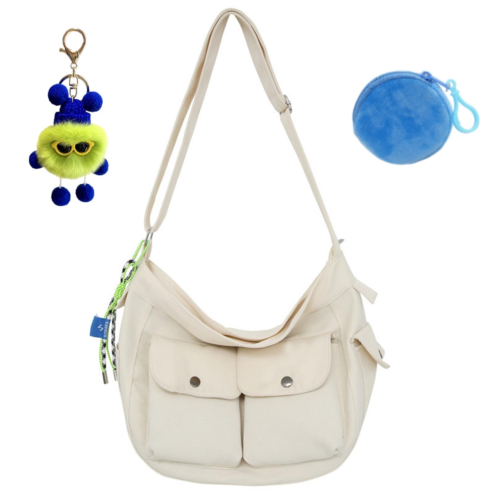 Womens Messenger Bag Crossbody Large Men Shoulder Bag with Cute Ornament Canvas Bag with Multiple Pockets Casual Satchel Bag (A-White)