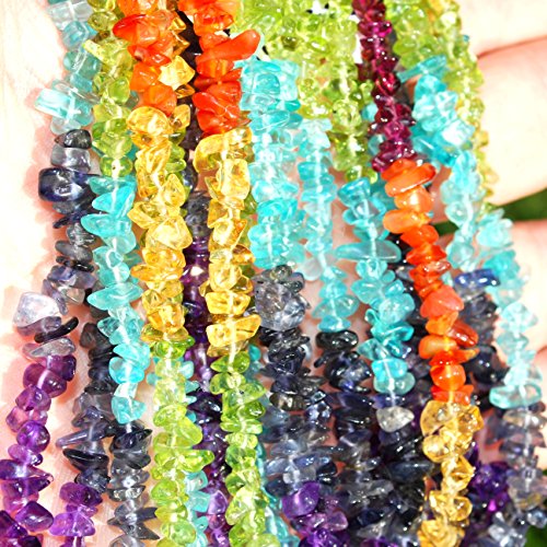 Zenergy Gems CHARGED 7 Chakra Necklace 18" Premium Tumble Polished Crystal Gemstone Chips Necklace (Amethyst, Iolite, Blue Apatite, Peridot, Citrine, Carnelian Agate, & Garnet) + Selenite Heart