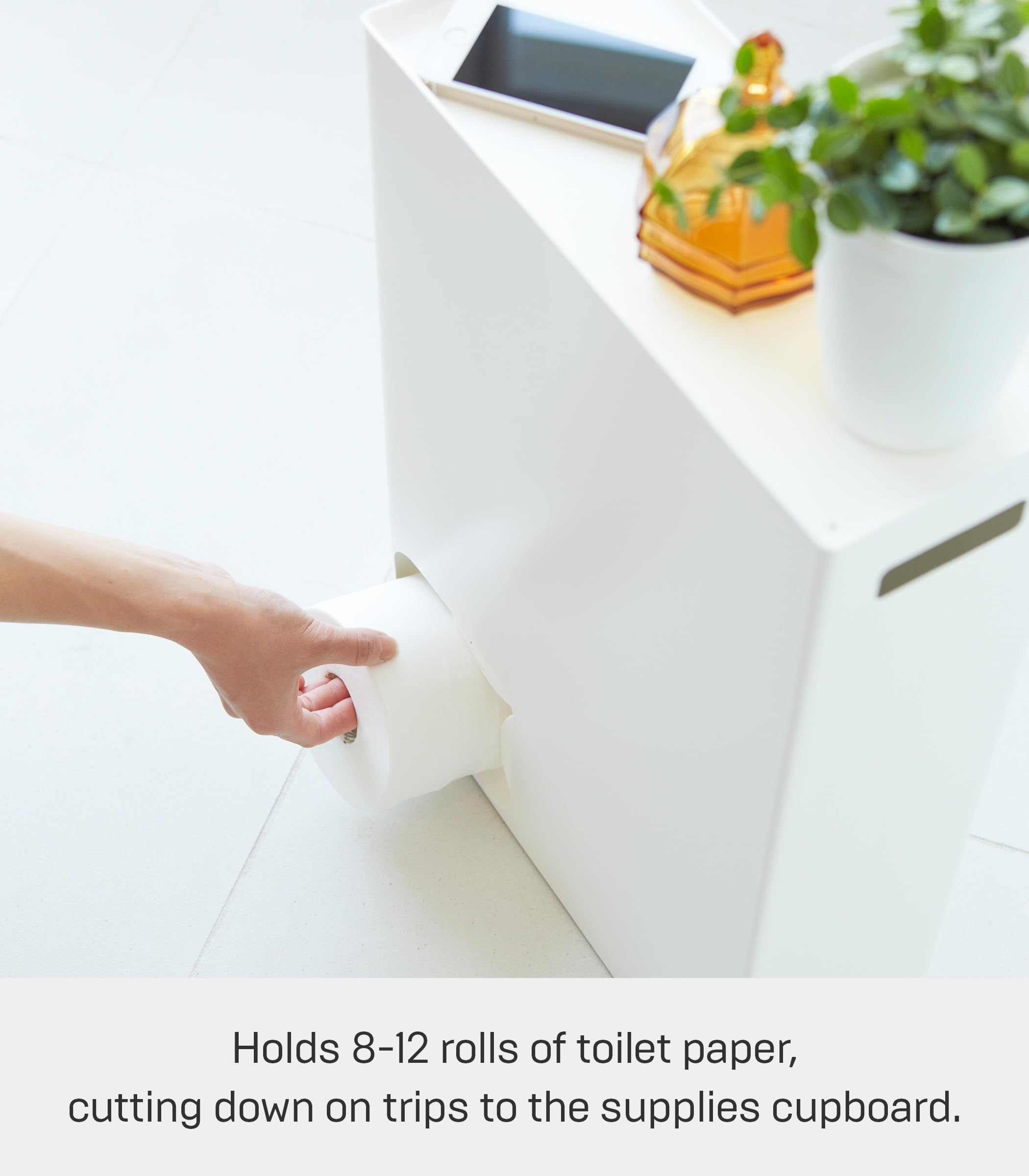 Yamazaki Home Toilet Paper Stocker - Bathroom Storage Organizer Dispenser Not for Jumbo Rolls Steel One Size White