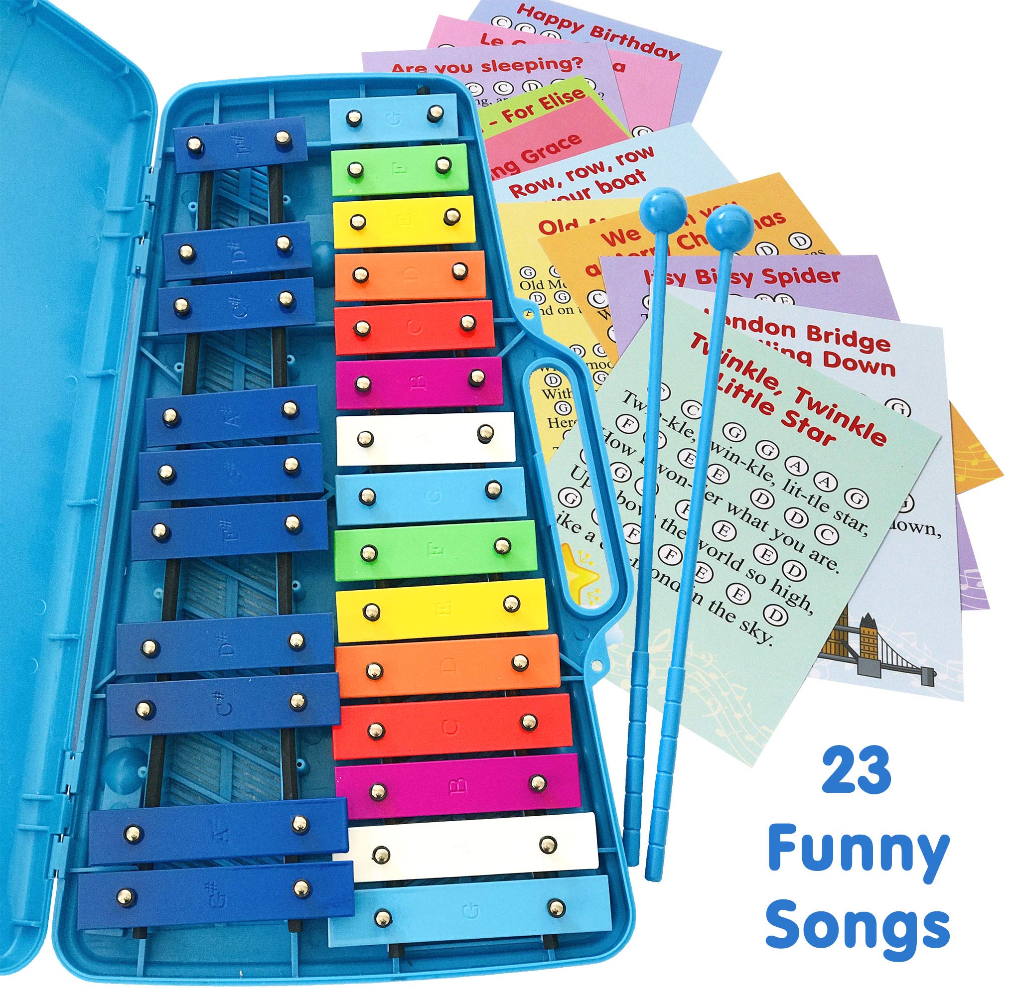 Xylophone 25 Note Colorful Chromatic Glockenspiel in Case Clear Tuned Metal Keys - Card Set w Songs