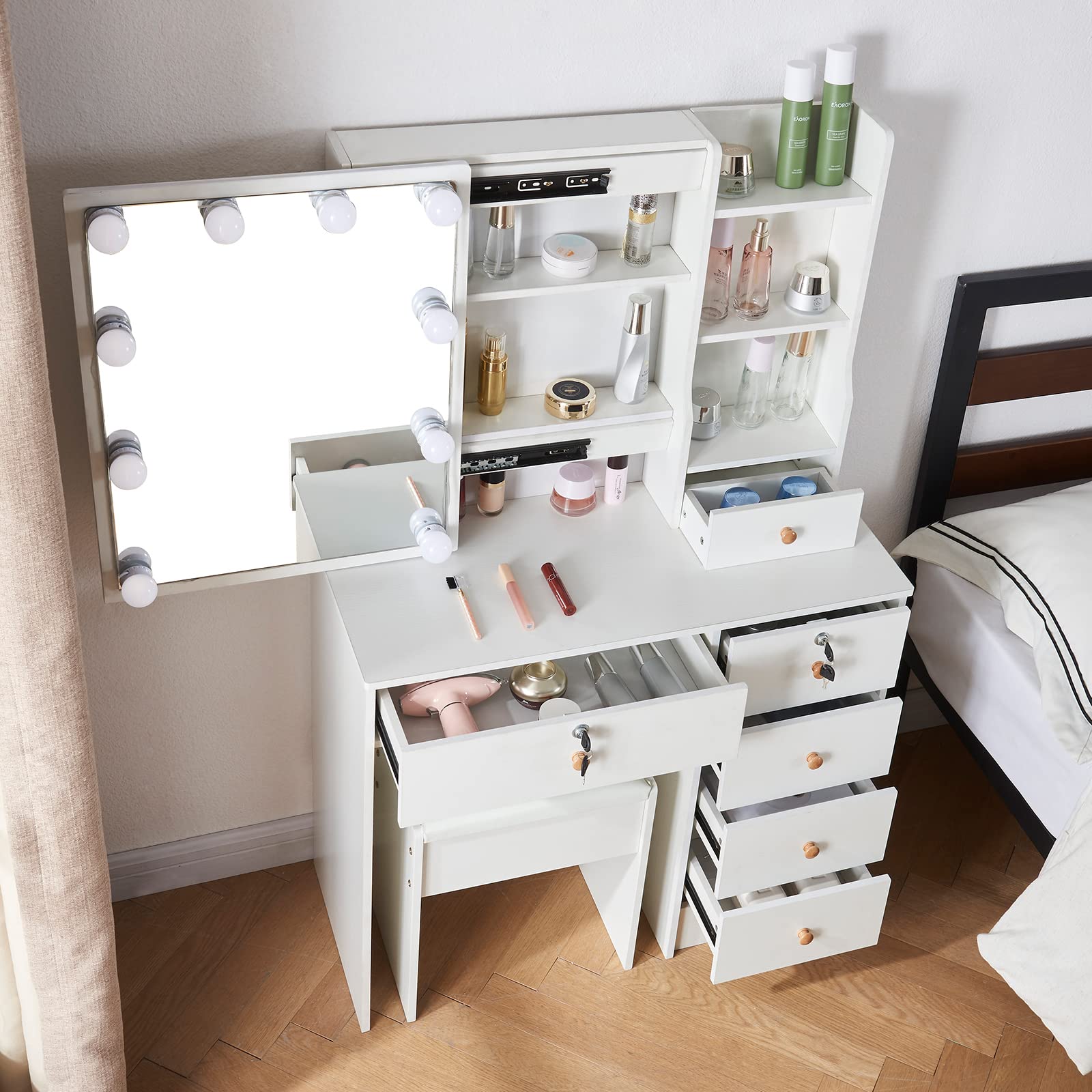 YAMISSI Premium Vanity Makeup Desk Set Girls Dressing Table with Sliding Mirror, 6 Storage Drawers and 6 Shelves, 3 Color Light Settings, Makeup Vanity Set for Bedroom. White