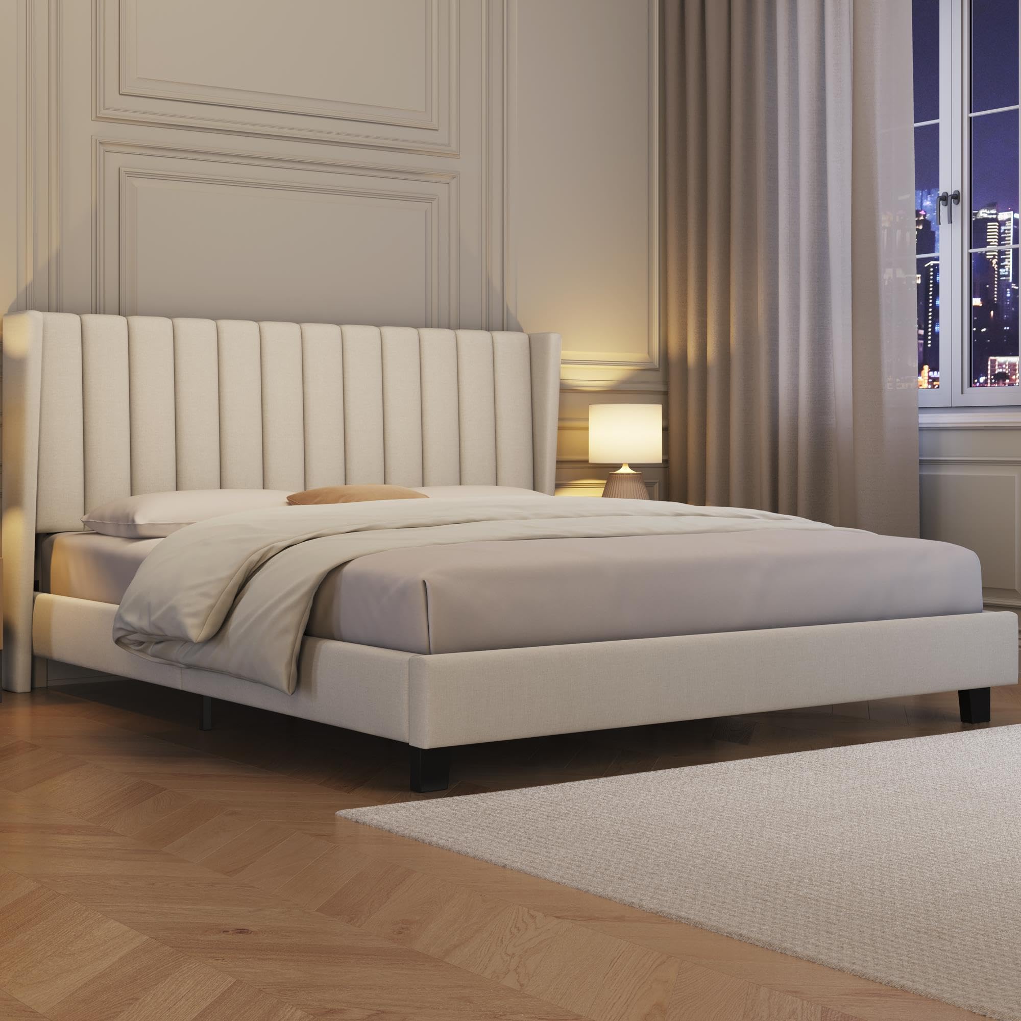 Yaheetech King Bed Frame Upholstered Platform Bed with Fabric Headboard, Wing Edge Design/Non-Slip and Noise-Free/Wooden Slats Support/No Box Spring Needed/Easy Assembly, Dark Gray King Bed