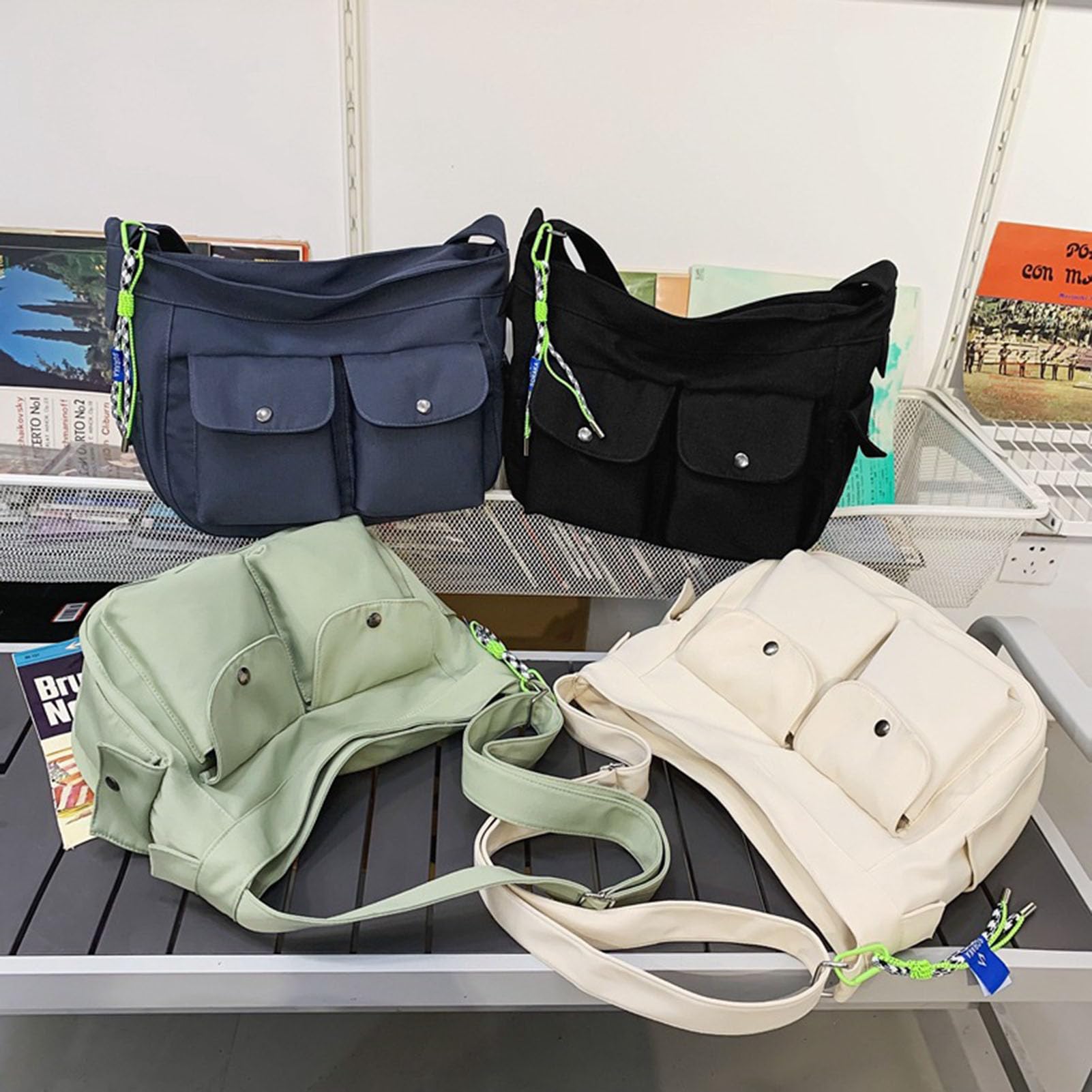 Womens Messenger Bag Crossbody Large Men Shoulder Bag with Cute Ornament Canvas Bag with Multiple Pockets Casual Satchel Bag (A-White)