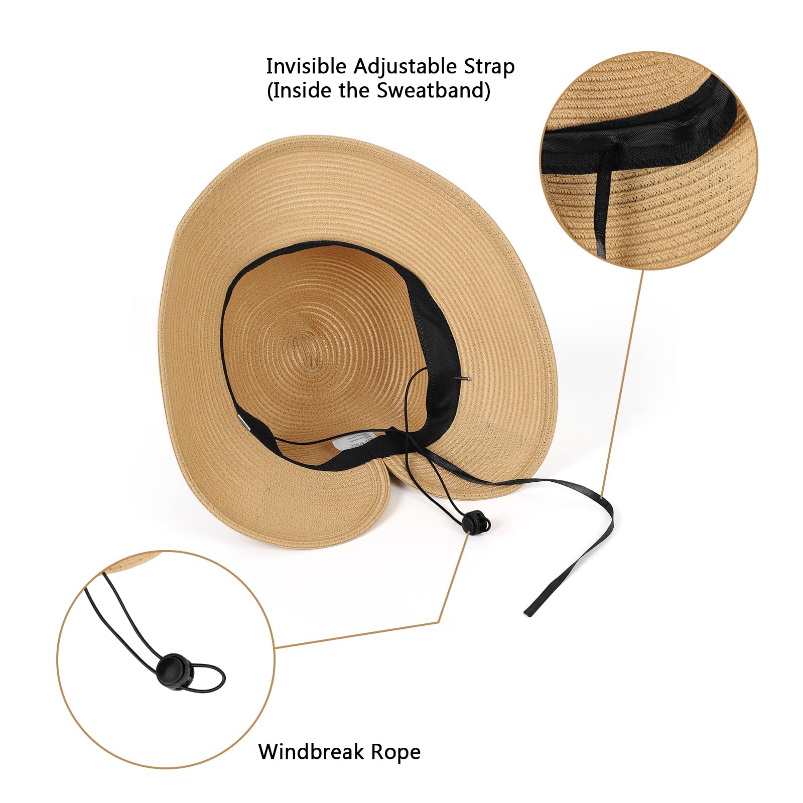 Womens Straw Hat Wide Brim Sun Hat for Women Summer Packable & Foldable Beach Straw Hat, UPF 50+, Adjustable Strap, Lightweight Brown