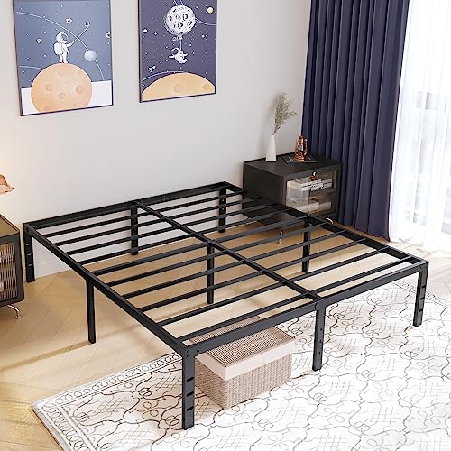 zizin Queen Bed Frame 18 Inch Platform Bedframe Heavy Duty No Box Spring Needed Mattress Foundation with Steel Slats Easy Assembly & Noise Free, Black