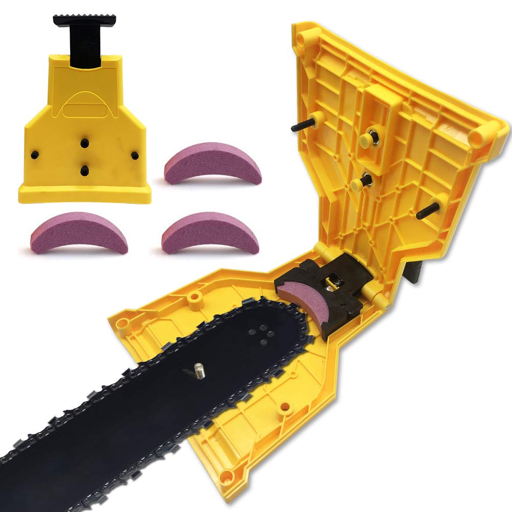 XBUTY Chainsaw Sharpener, The Second Generation New Portable Chain Saw Blade Teeth Sharpener with 4 Pcs Fast-Sharpening Stone Grinder Tools for 14/16/18/20 Inch One/Two/Nonporous Holes (Yellow)
