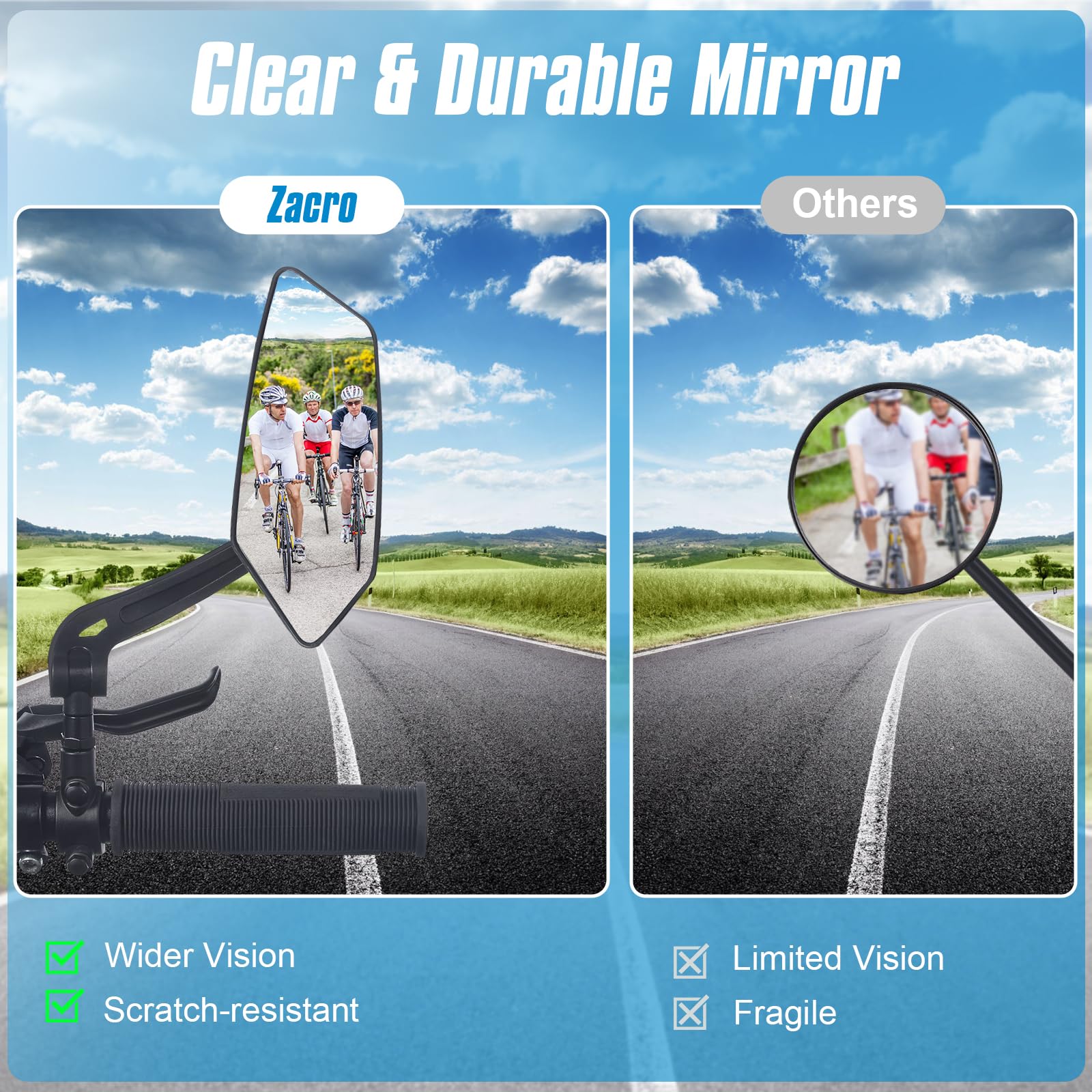 Zacro 2 Pack Bike Mirror, Bike Mirror Handlebar Mount, 360° Adjustable Safety Bicycle Rear View Mirror, Scratch Resistant Glass Lens, Fit for Mountain Bikes, City Road Bikes, E-bikes, Scooter