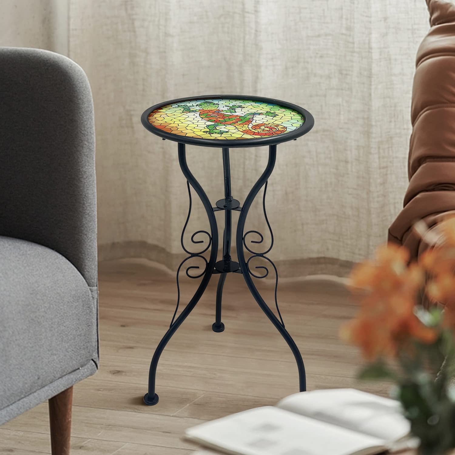 YardsBee Mosaic Patio Side Table,Small Outdoor Side Table for Patio,Plant Stand Table with 12”Ceramic Tile Top, Accent Round Side Table Outside for Yard,Balcony Garden,Balcony
