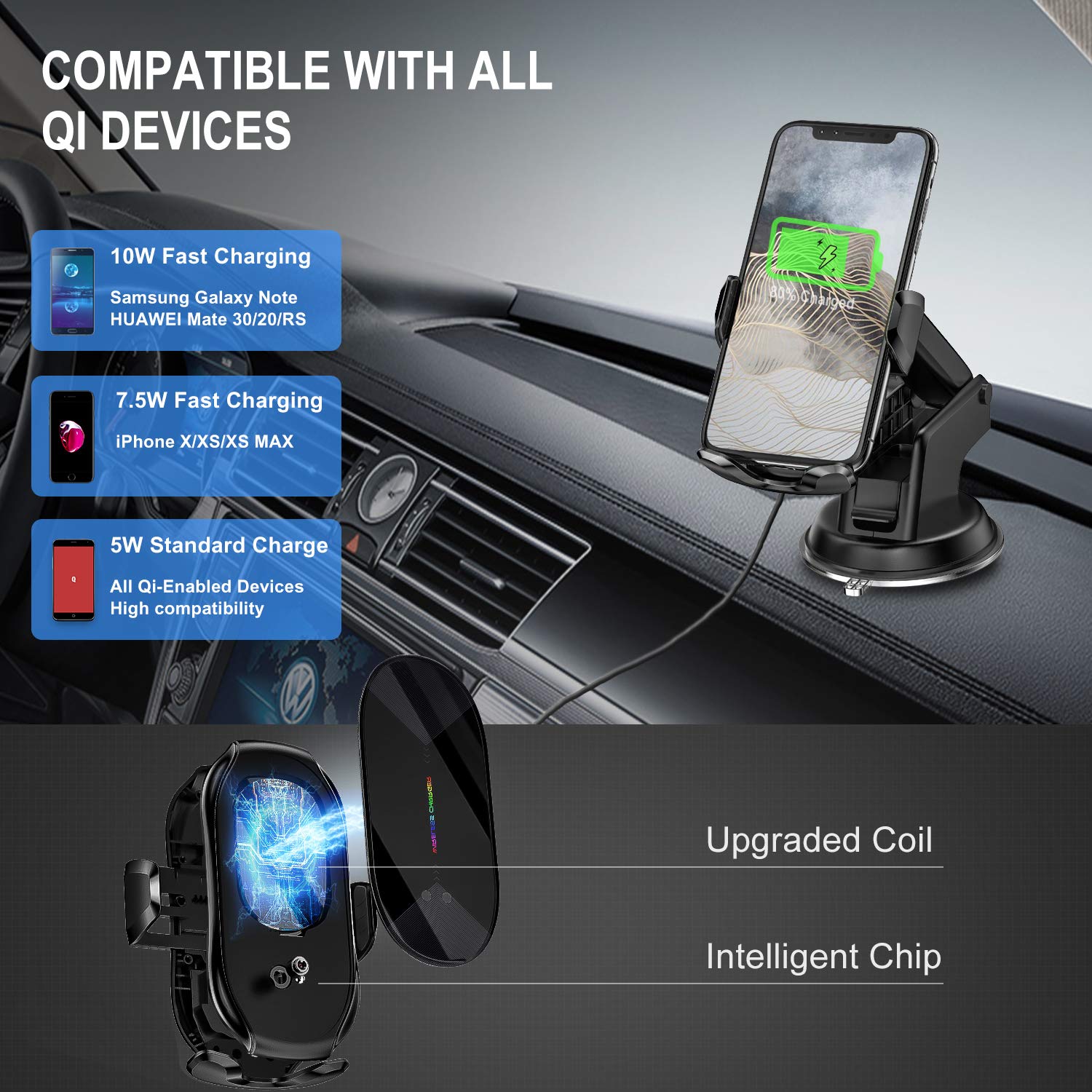 YITUMU Wireless Car Charger,15W Qi Fast Charging Auto-Clamping Car Phone Holder Mount,Air Vent Windshield Dashboard Car Phone Mount,Long Arm Suction Cup Cell Phone Holder for iPhone Samsung LG