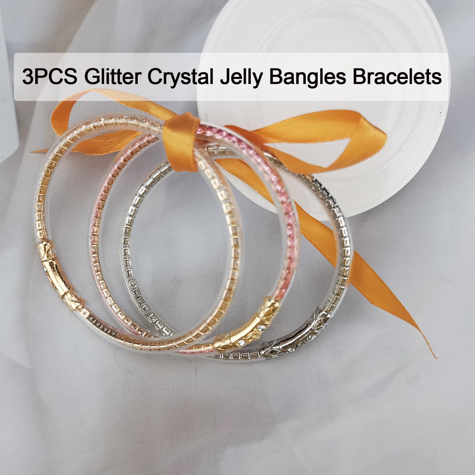 YBMYCM 3PCS Crystal Jelly Bangles Bracelets Set Filled Jelly Rhinestone Silicone Bracelet for Women
