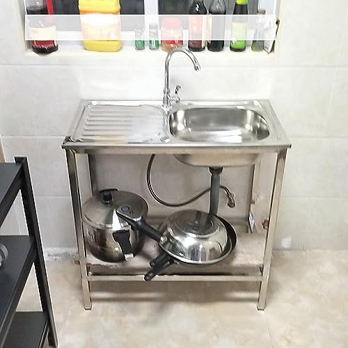 TsoLay Workbench Sink Freestanding Utility Sink for Commercial Kitchen Restaurant Single Bowl Sink Set Table Stainless Steel Faucet & Drainboard Easy to Clean
