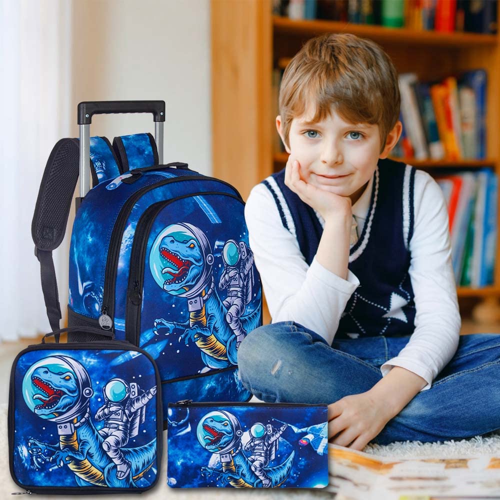 UFNDC 3PCS Kids Rolling Backpack, Dinosaur Wheeled Bookbag for Boys,Travel Roller School Bag with Wheels