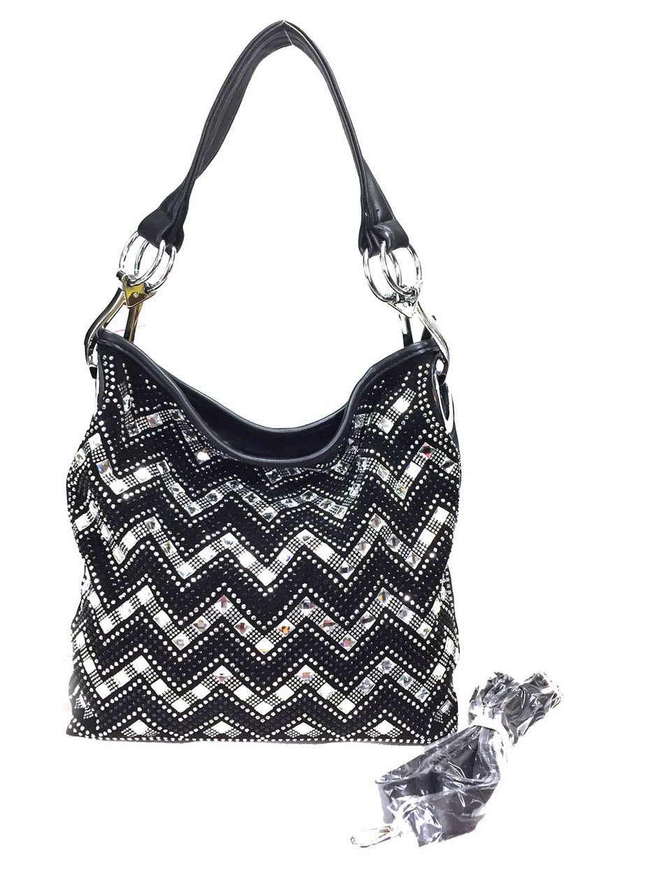 Zzfab Women Sparkle Gem Chevron Large Rhinestone Hobo Bag with Shoulder Strap Black