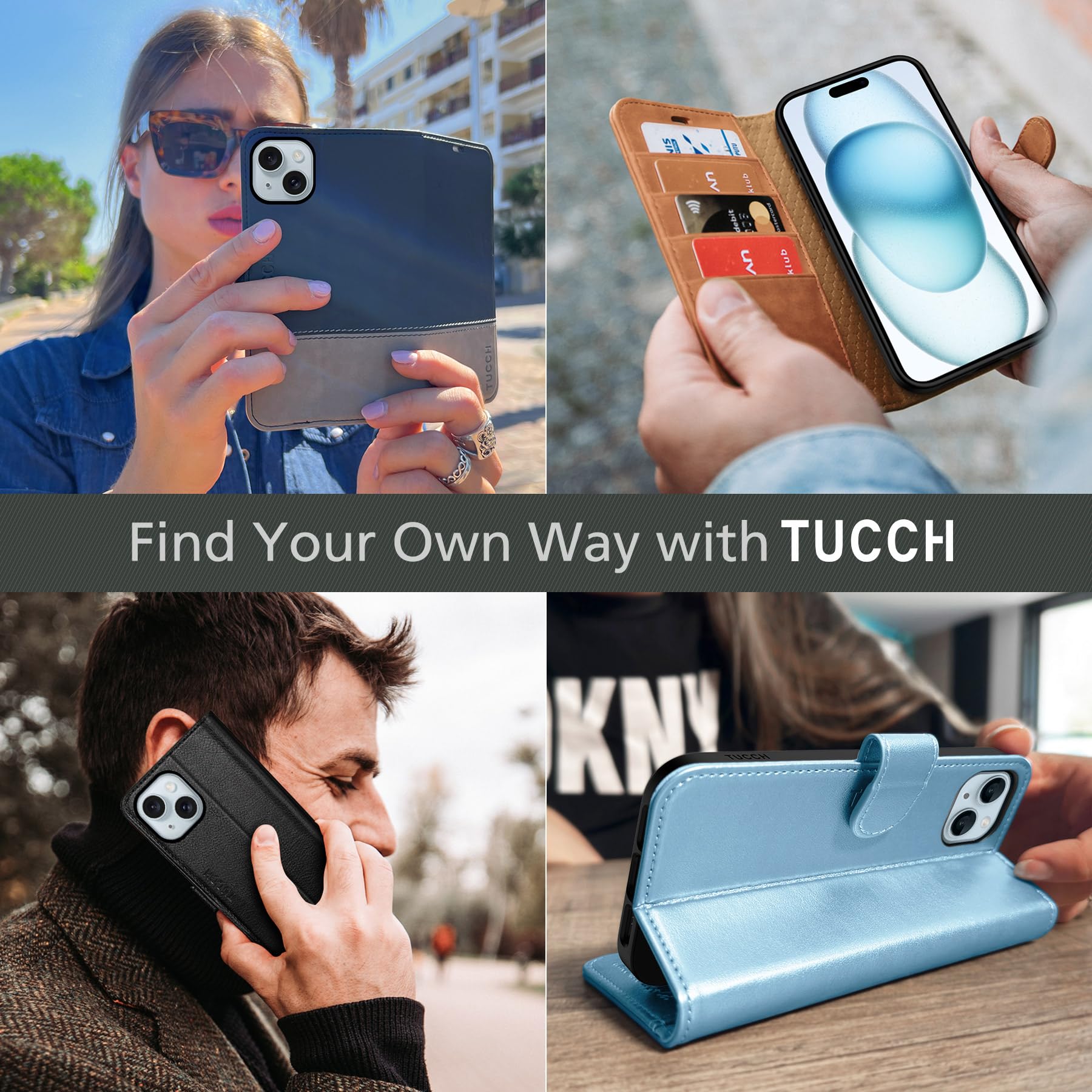 TUCCH Wallet Case for iPhone 15, [RFID Blocking] 4 Card Holder Kickstand [Shockproof TPU Interior Case] PU Leather Magnetic Closure Protective Flip Cover Compatible with iPhone 15 5G 6.1" 2023, Black