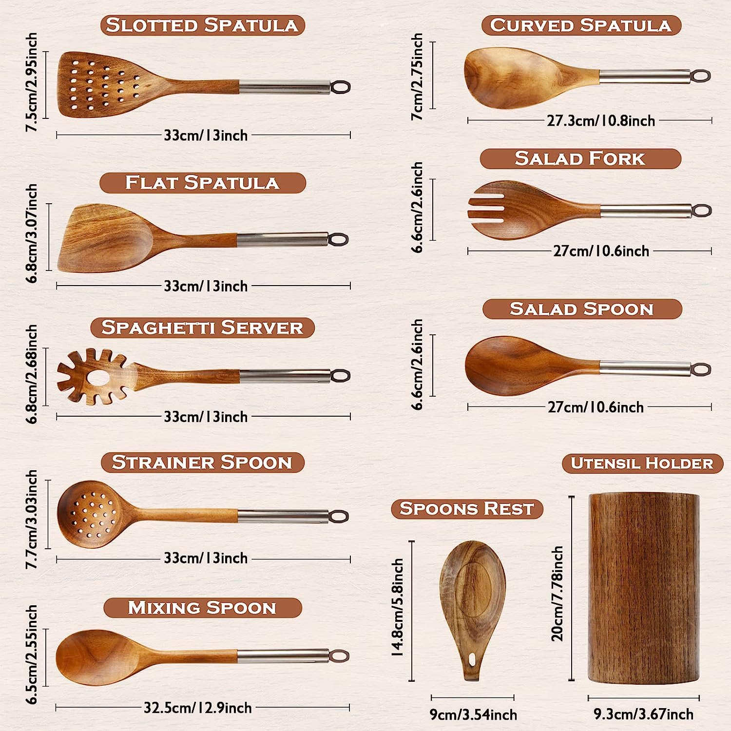 Wooden Spoons for Cooking with Utensils Holder, 10-Pieces Wooden Utensil Set Non-Stick, Natural Teak Cookware Wooden Cooking Spurtle Set, with Stainless Steel Handle