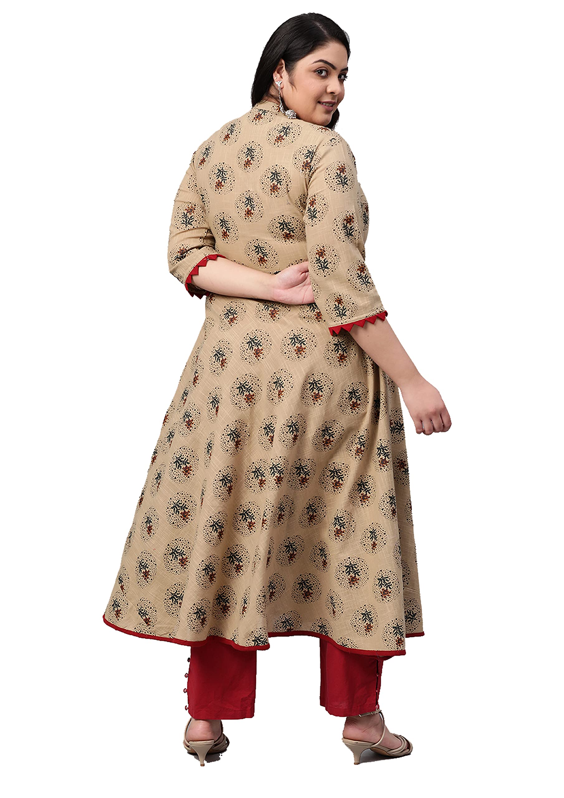 Yash Gallery Women's Cotton Blend Printed Anarkali Kurta (Beige)