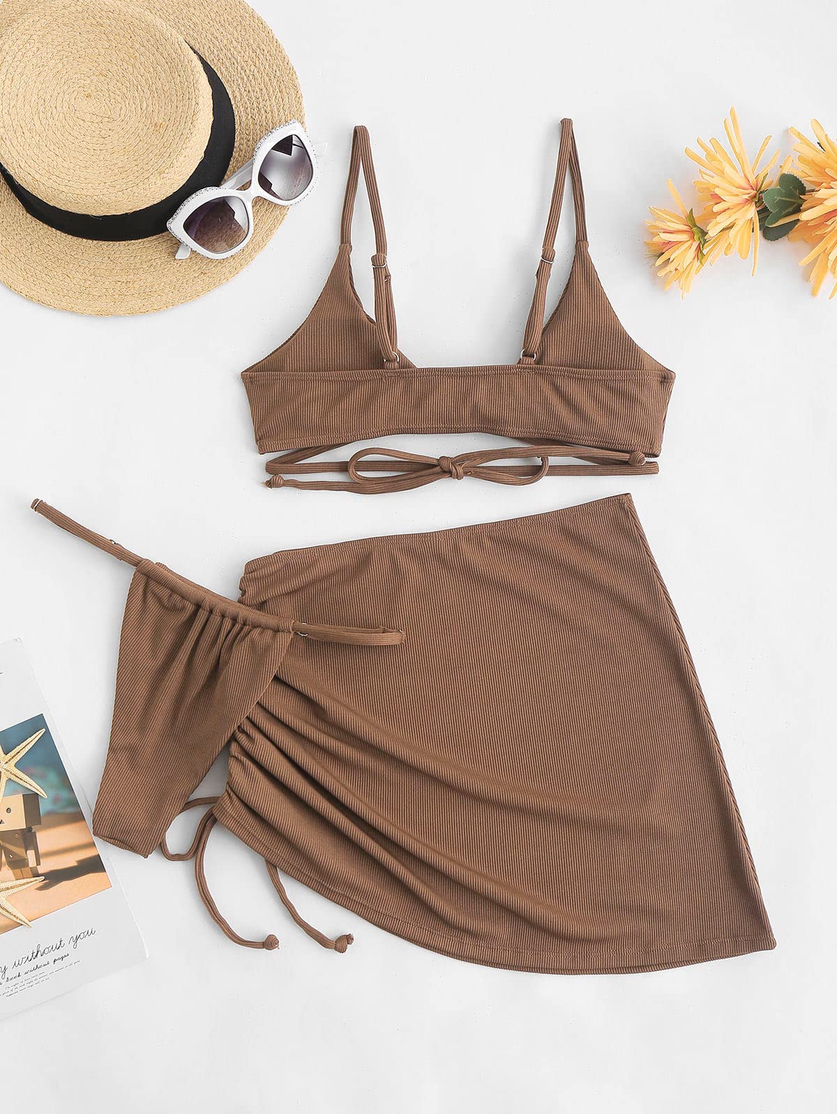 ZAFUL Women's Sexy Plunging Swimsuits Ribbed Front Knotted High Cut Swimwear Cute Bikini Set(A-Deep Coffee, S)