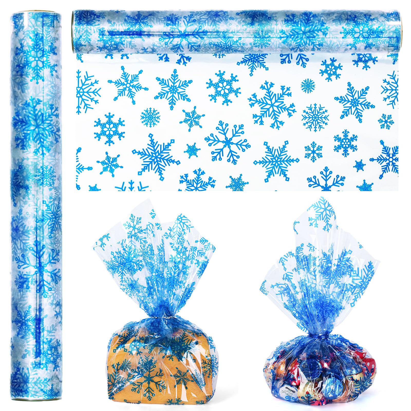 Whaline Christmas Cellophane Wrap Roll Snowflake Clear Wrapping Paper Xmas Winter Holiday Plastic Gift Basket Wrap for Christmas Birthday Wedding DIY Crafts Party Supplies
