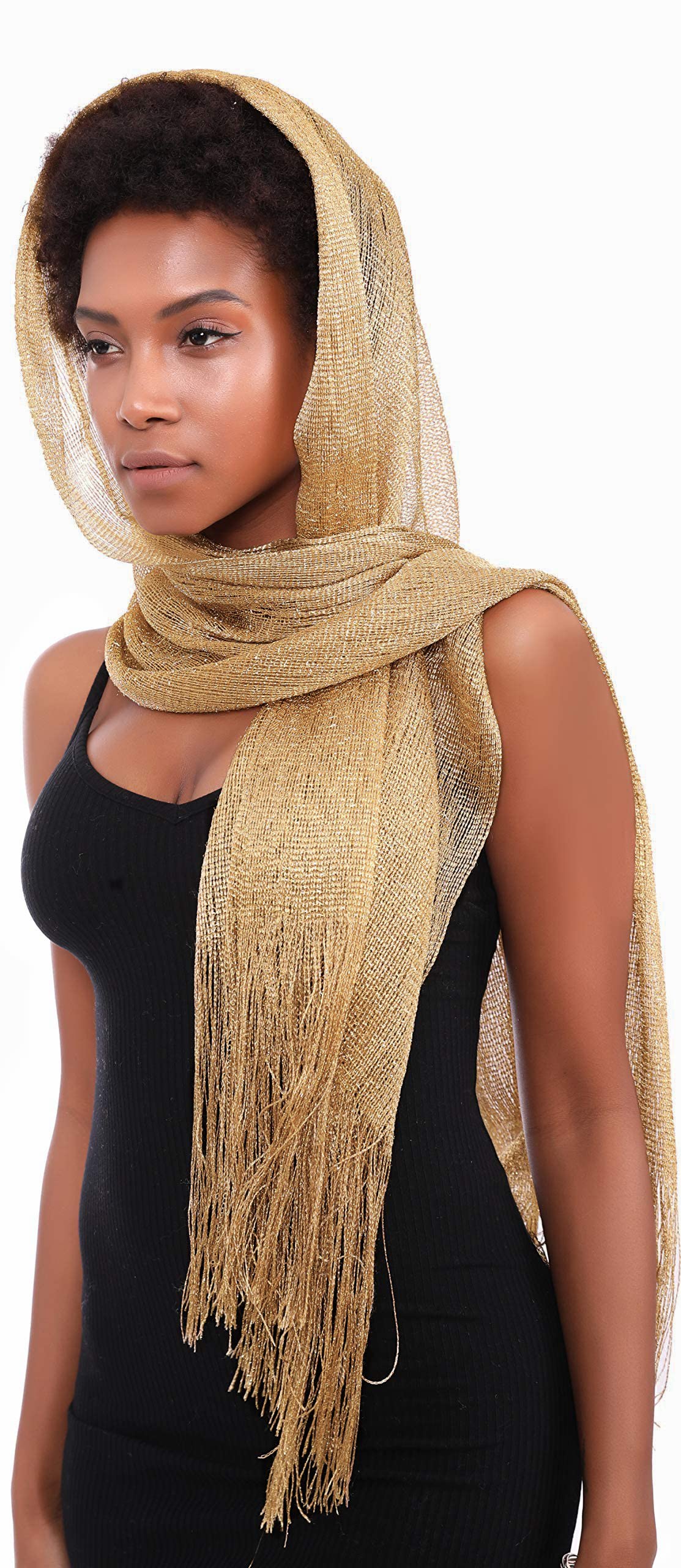 Womens Wedding Evening Wrap Shawl Glitter Metallic Prom Party Scarf with Fringe, 3 Metallic Gold