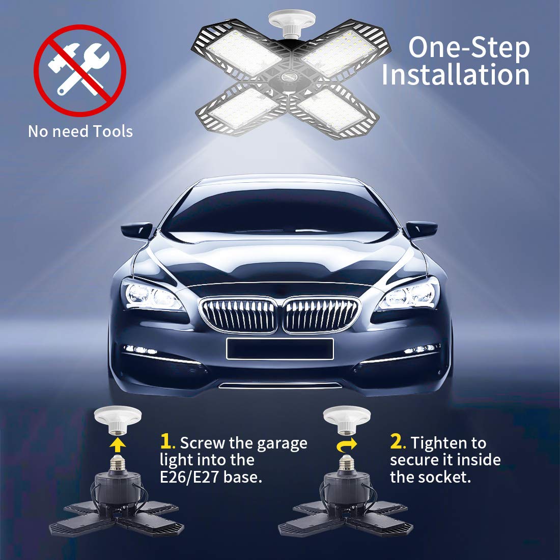 YKOPEO Deformable LED Garage Lights, Super Bright Garage Light Ceiling LED 100W E26 with 4 Adjustable Aluminium Panels,10000LM LED Shop Lights for Garage Workbench Basement Warehouse