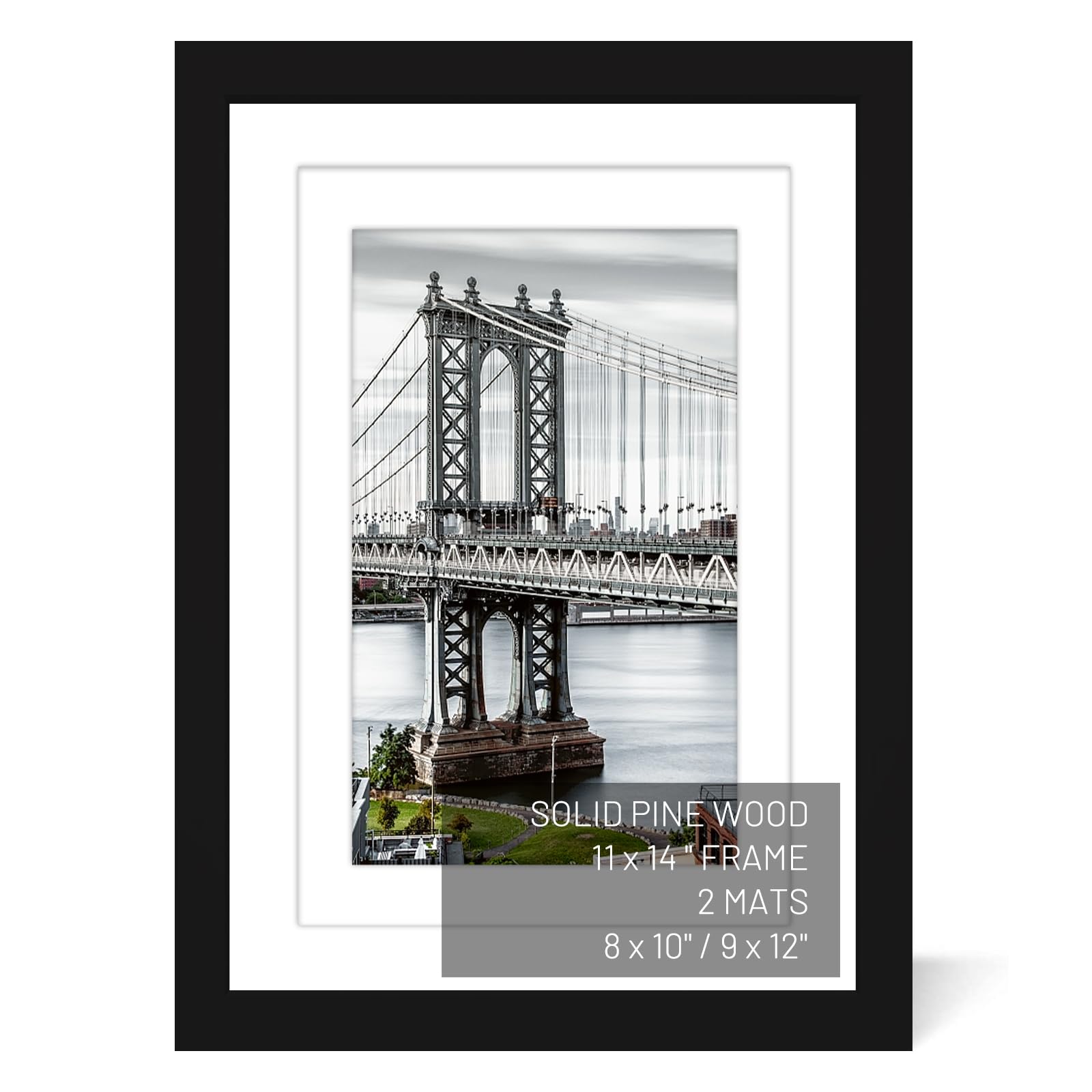 UHFWIFR 11x14 Picture Frames Solid Wood Display Pictures 9x12 or 8x10 with Mat or 11x14 Frame without Mat Poster Photo Frame Art with 2 Mats for Wall Mounting or Table Top(Black)