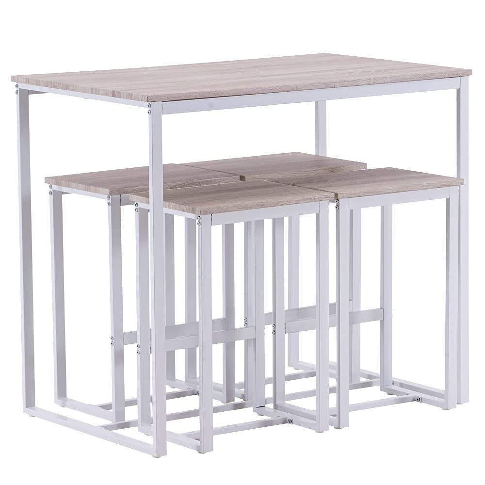 WFHTU Dining Table Set (100 x 60 x 87) cm Oak Simple 87cm High Bar Table and Chairs Set of 5 PVC Paper Lacquered White Matte White