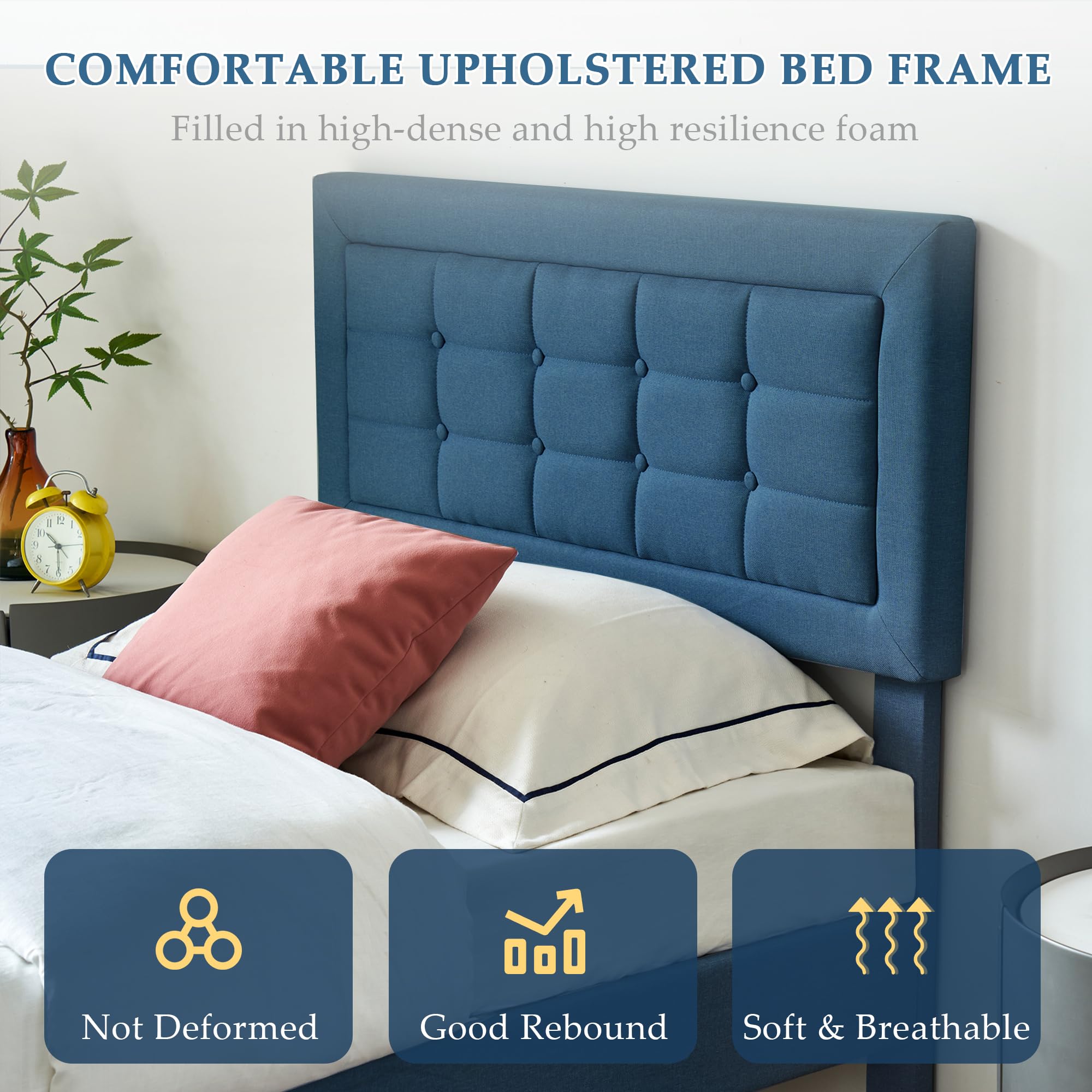 VECELO Twin Size Bed Frame with Adjustable Headboard, Upholstered Button Tufted Platform Bedframe with Wood Slats Support, No Box Spring Needed, Linen White