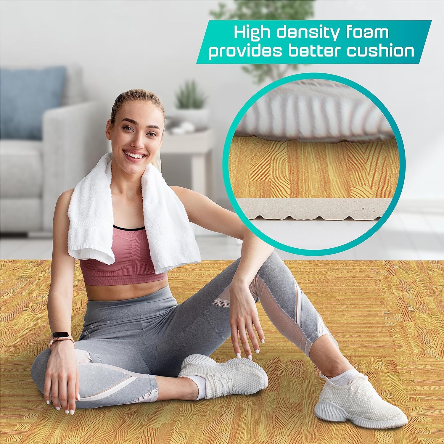 Yes4All Interlocking Floor Mats with Border – Foam, Gym Floor Mats with EVA Interlocking Tiles (12 Square Feet – Oak Wood Light – 12 Tiles)