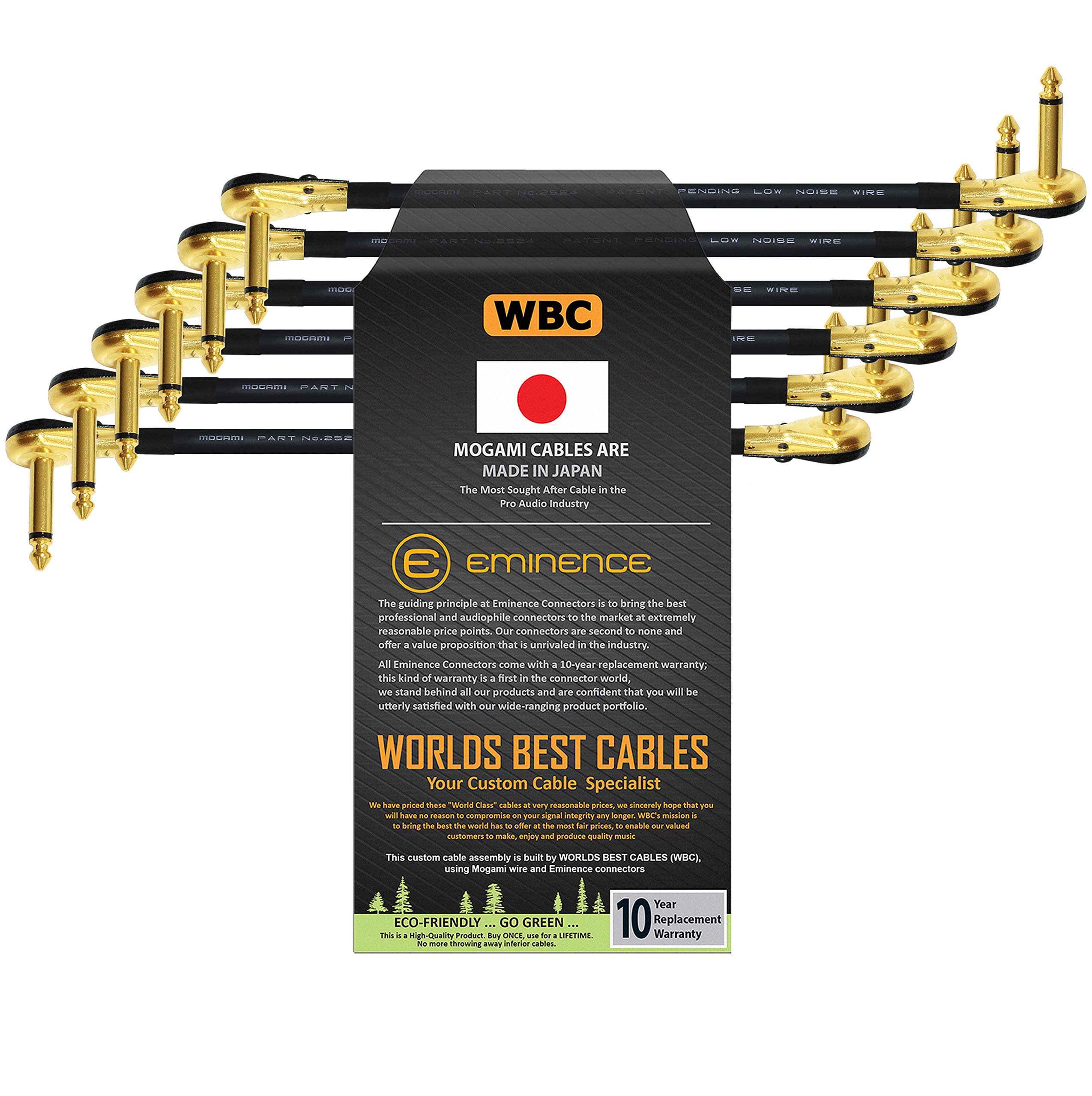 WORLDS BEST CABLES 6 Units - 7 Inch - S-Shaped Pedal, Effects, Patch, instrument cable CUSTOM MADE made using Mogami 2524 wire and Eminence Gold Plated (6.35mm) R/A Pancake type Connectors