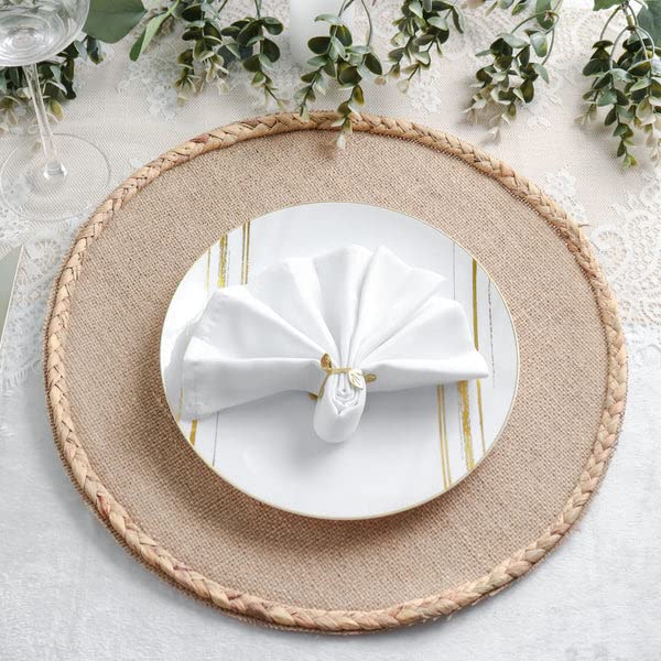 TABLECLOTHSFACTORY 4 Pack | 15" Round Natural Rustic Burlap Jute Placemats Braided Edges, Farmhouse Placemats with Trim