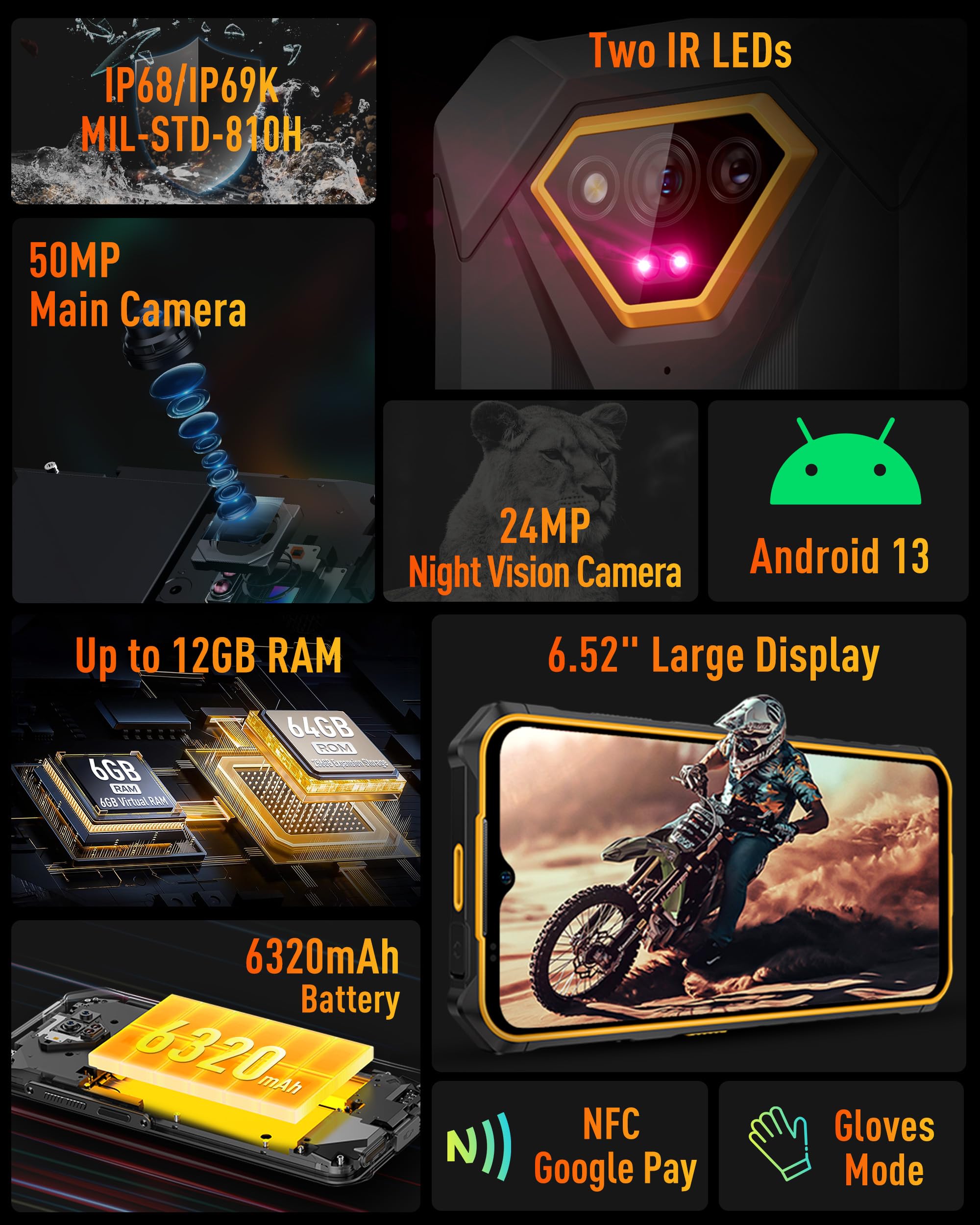 Ulefone Armor X13 Rugged Phones Unlocked, IP68/IP69K Waterproof Phone, MTk Helio G36 12GB+64GB, 50MP+24MP Night Vision Camera, 6.52" Display, 6320mAh, Android 13, NFC, Fingerprint ID, Black