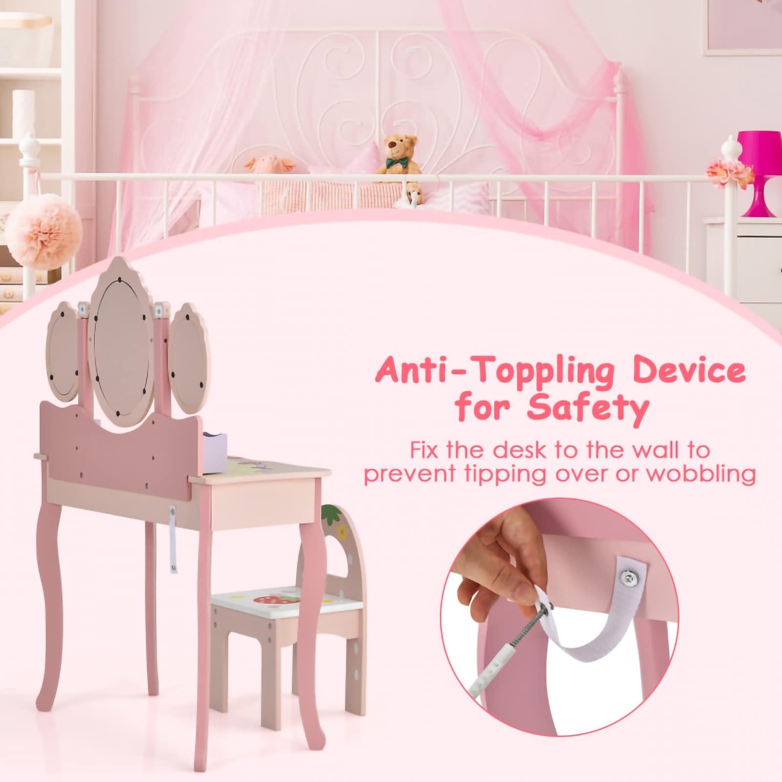 TUOCHUFUN Kids Vanity Princess Makeup Dressing Table Chair Set with Tri-fold Mirror (Pink)
