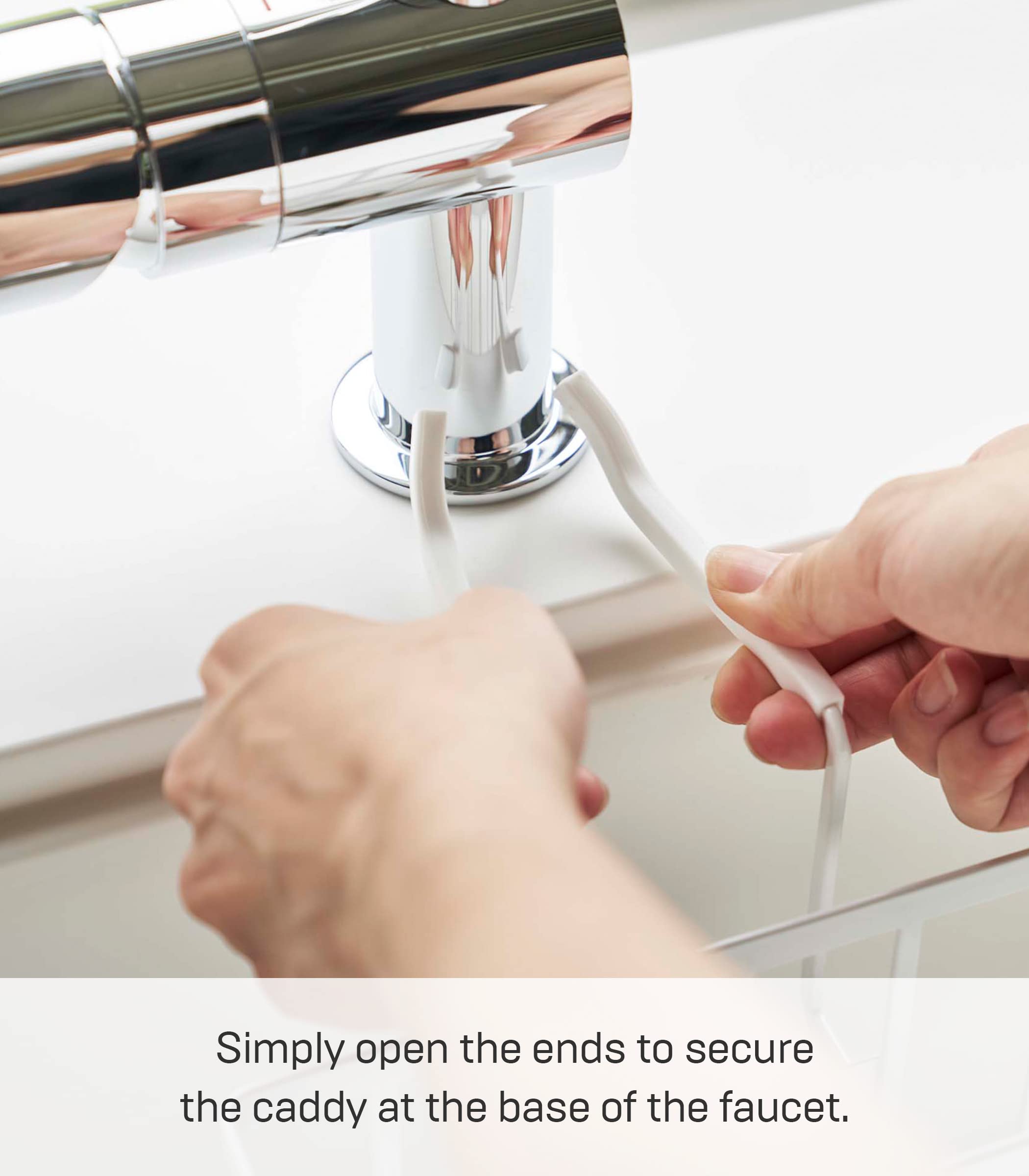 YAMAZAKI Home Faucet-Hanging Sponge Caddy Kitchen Sink Dish Soap Bottle Brush Scrubber Organizer Holder, Metal with Silicone Protection | Steel, One Size, White
