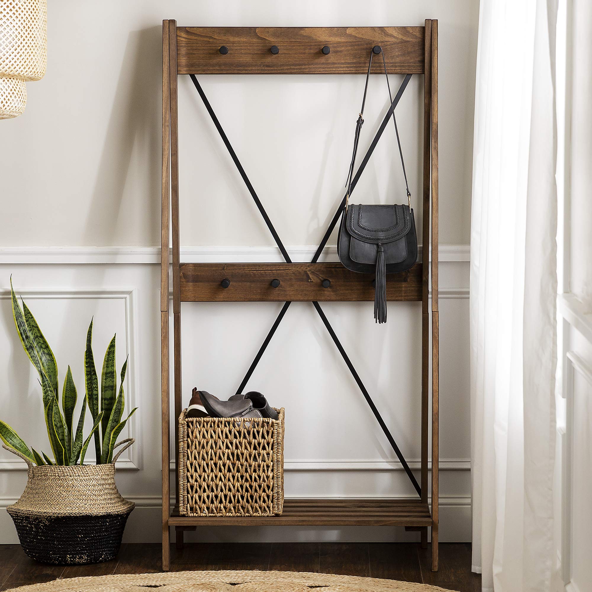 Walker Edison X Back Farmhouse Entryway Bench Hall Tree Coat Rack Shoe Storage Shelf Mudroom Hallway Organizer, 68 Inch, Grey