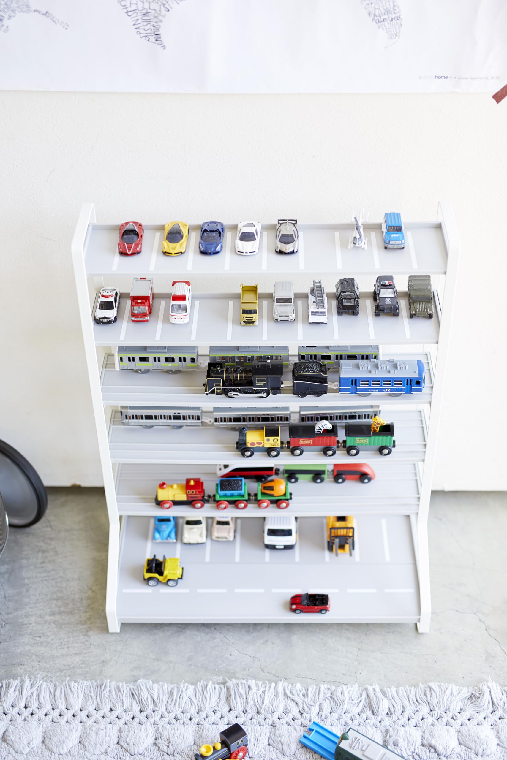 YAMAZAKI Parking Garage Home Train Hotwheels Model Car Display | Kids Steel | Toy Storage, One Size, White