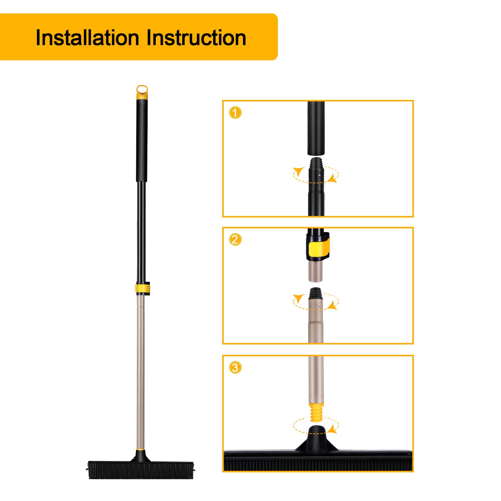 Yocada Rubber Broom Pet Hair Fur Removal Broom Soft Bristle Push Broom with Squeegee Telescoping Pole 42-53 Inch for Sweeping Hardwood Floor Tile Bathroom Living Room Kitchen