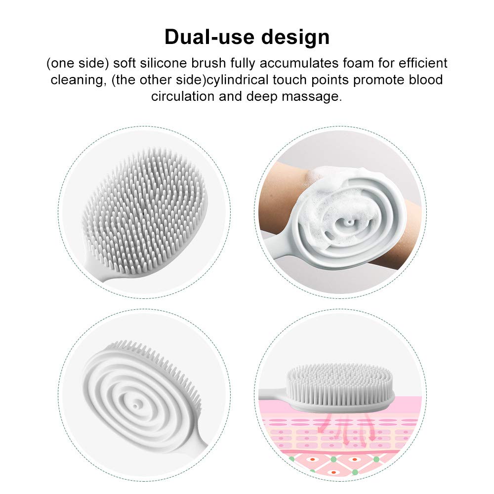 YAMYONE Ultra-Soft Silicone Back Scrubber Shower, Bath Body Brush with a Long Handle, BPA-Free, Non-Slip, White