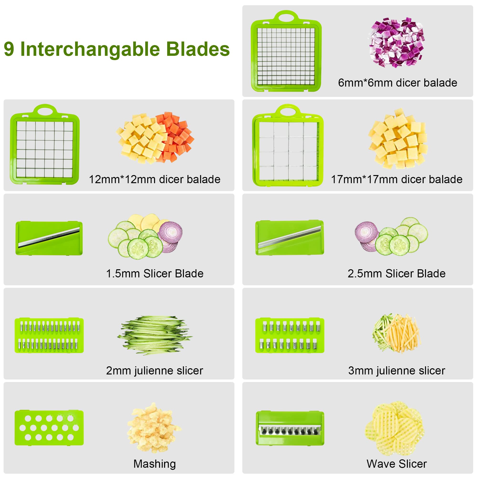 Vegetable Chopper 16 in 1, 9 Blade Veggie Food Chopper with Container 1.2L, Slicer Dicer Cutter with Self-Cleaning Button for Kitchen Onion Garlic Potato Salad