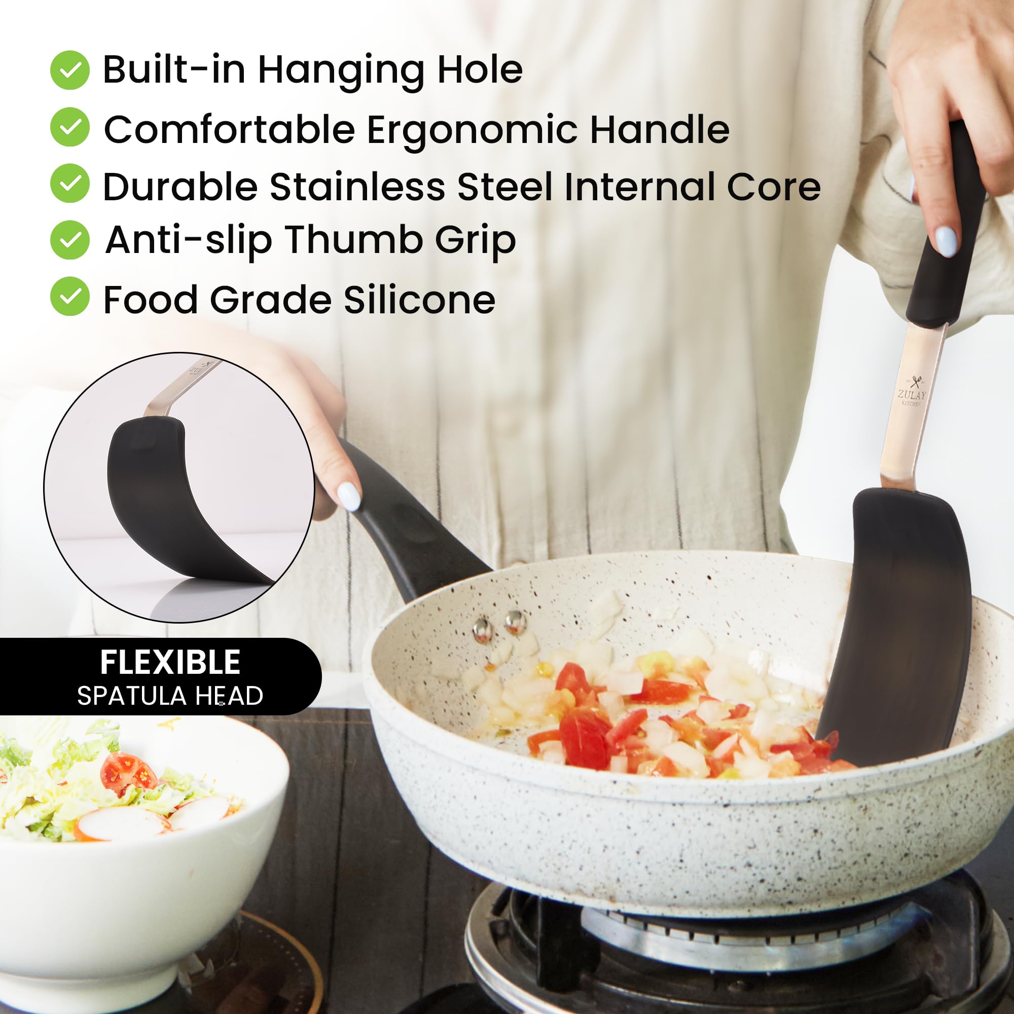 Zulay 6-Piece Utensils Set With Holder - Non Stick Nylon Kitchen Utensil Set With Rotating Stand - Complete Heat Resistant Spatula Cooking Utensils Set With Holder & Weighted Handle For Kitchen