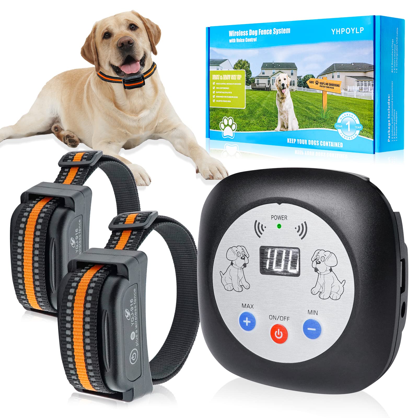 YHPOYLP Dog Wireless Fence, 2-Pack Pet Electric Containment System, Adjustable Control Range 65 to 328 Feet, Safe Effective No Randomly Over Correction, Rechargeable Waterproof Collar Receiver