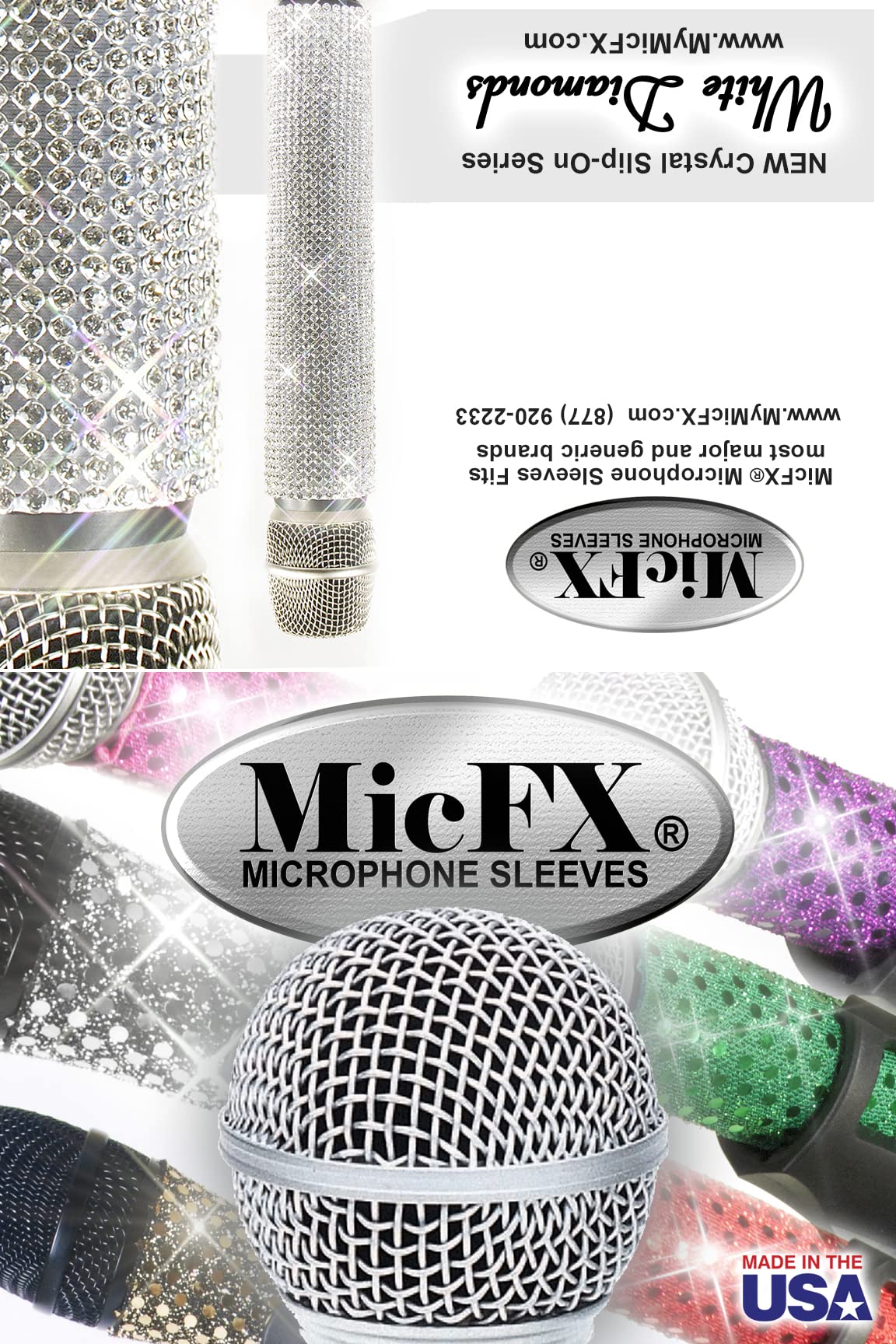 White Diamonds *AAA* Crystal Twist-On, Twist-Off Mic Sleeves. Compatible with Shure wireless mics and simular brands 7.5"x 2" No glues. Mic NOT included.