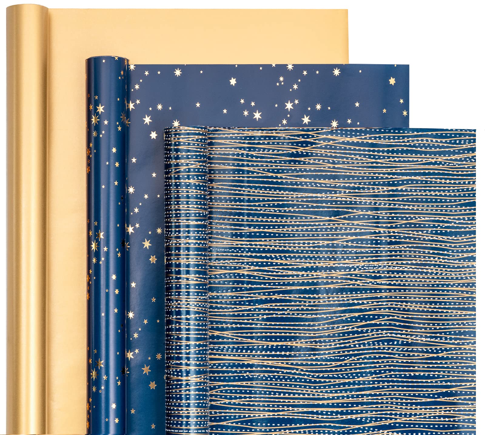 WRAPAHOLIC Wrapping Paper Roll - Mini Roll - 3 Rolls - 17 Inch X 120 Inch Per Roll - Navy and Gold Star/Stripe/Gold Pearlized Print for Birthday, Father's Day, Holiday, Party