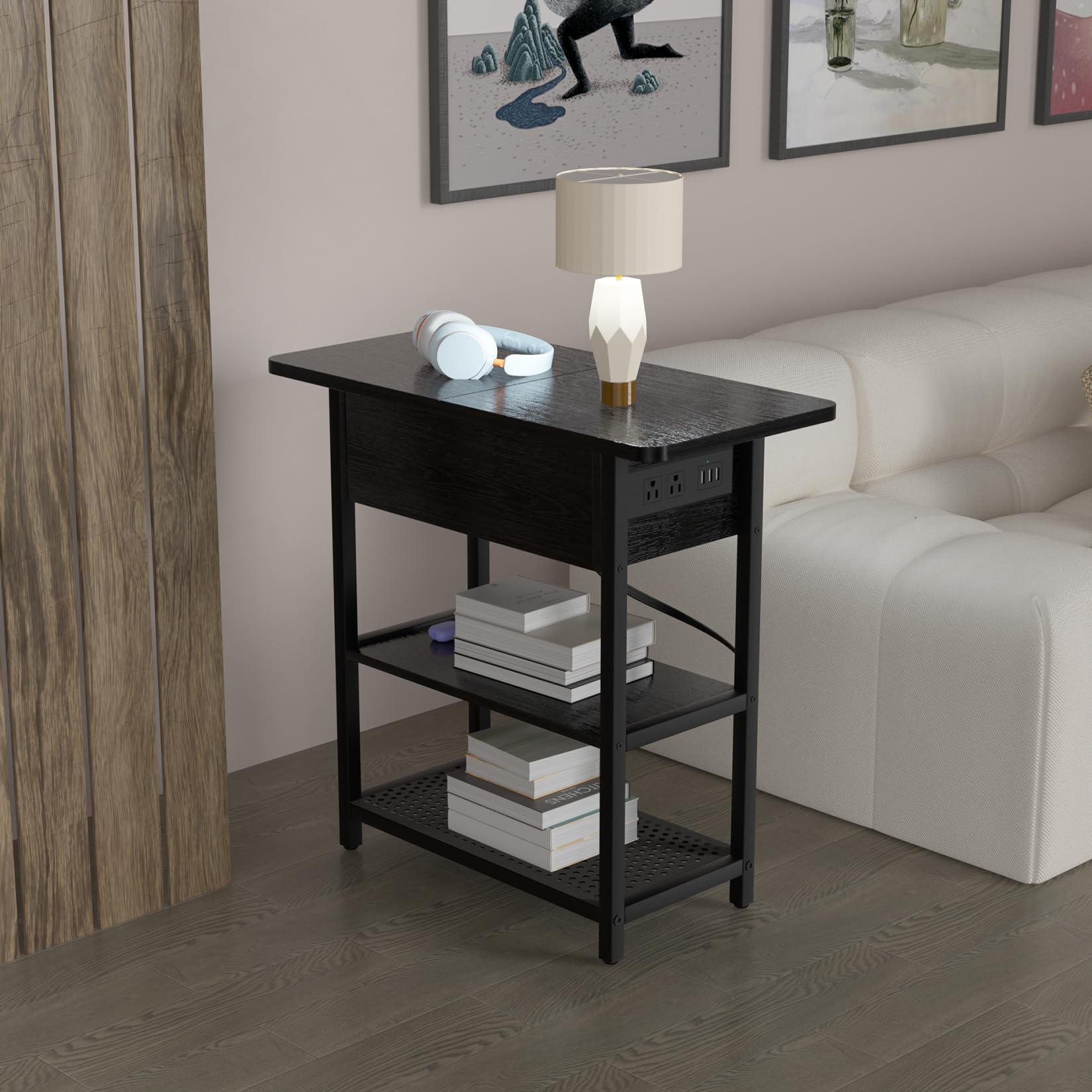 Yenlure End Table with Charging Station, Narrow Side Table with 5 USB Ports & Outlets, Flip Top Nightstand for Small Space, Bedside Table with Storage Shelf for Living Room/Bedroom, Black