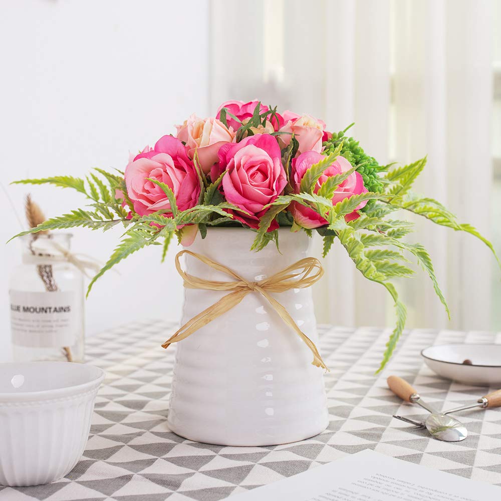 YIBELAAT Artificial Flowers Rose in Vase Bridal Wedding Bouquets Latex Real Touch Flower Arrangements (Rose Red)