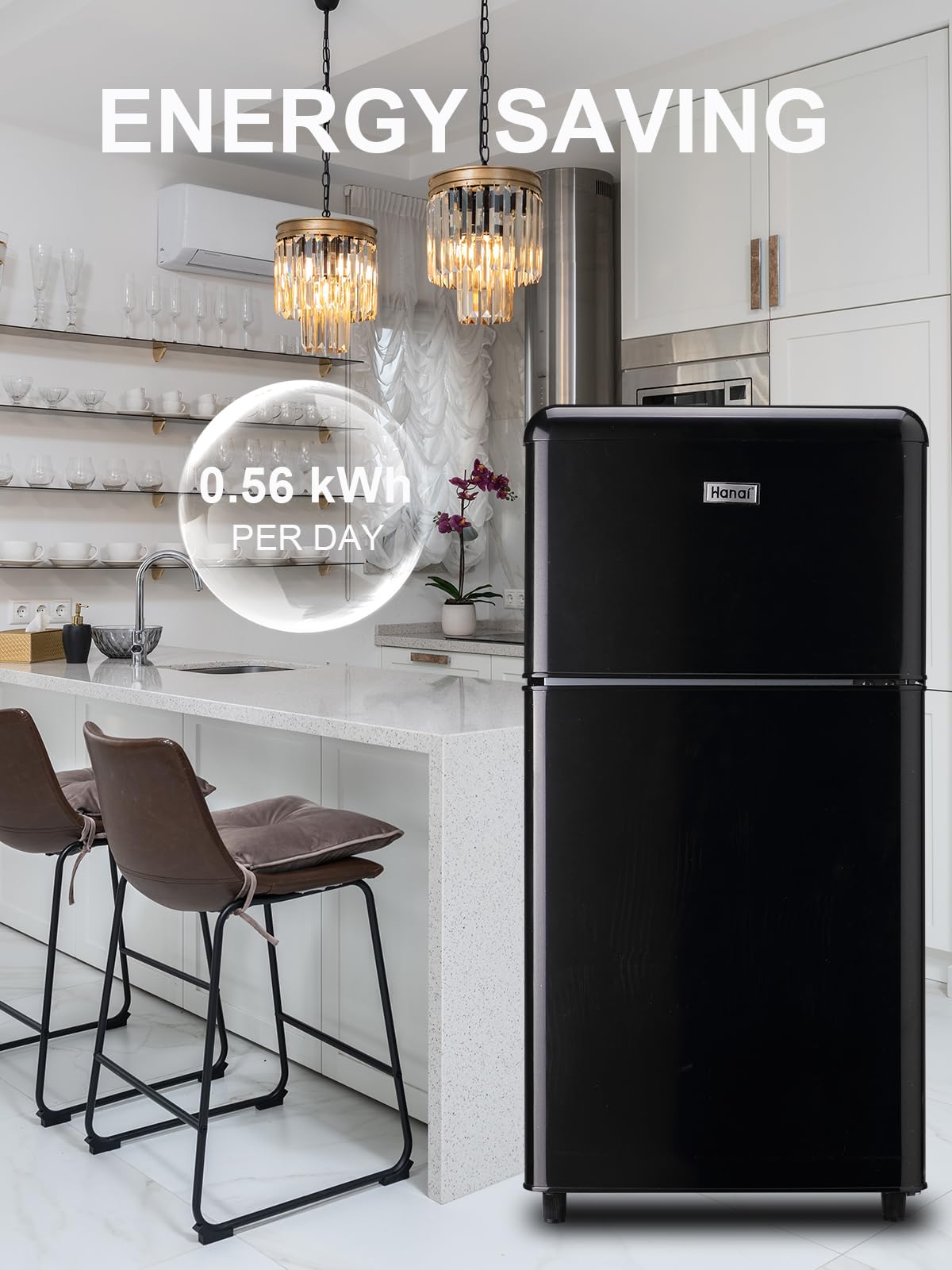 WANAI Compact Refrigerator 3.5 Cu.Ft Retro Black Fridge With Freezer 2 Door Mini Refrigerator with 7 TEMP Modes, LED Lights, Removable Shelves, Ideal for Apartment Dorm and Office, Black