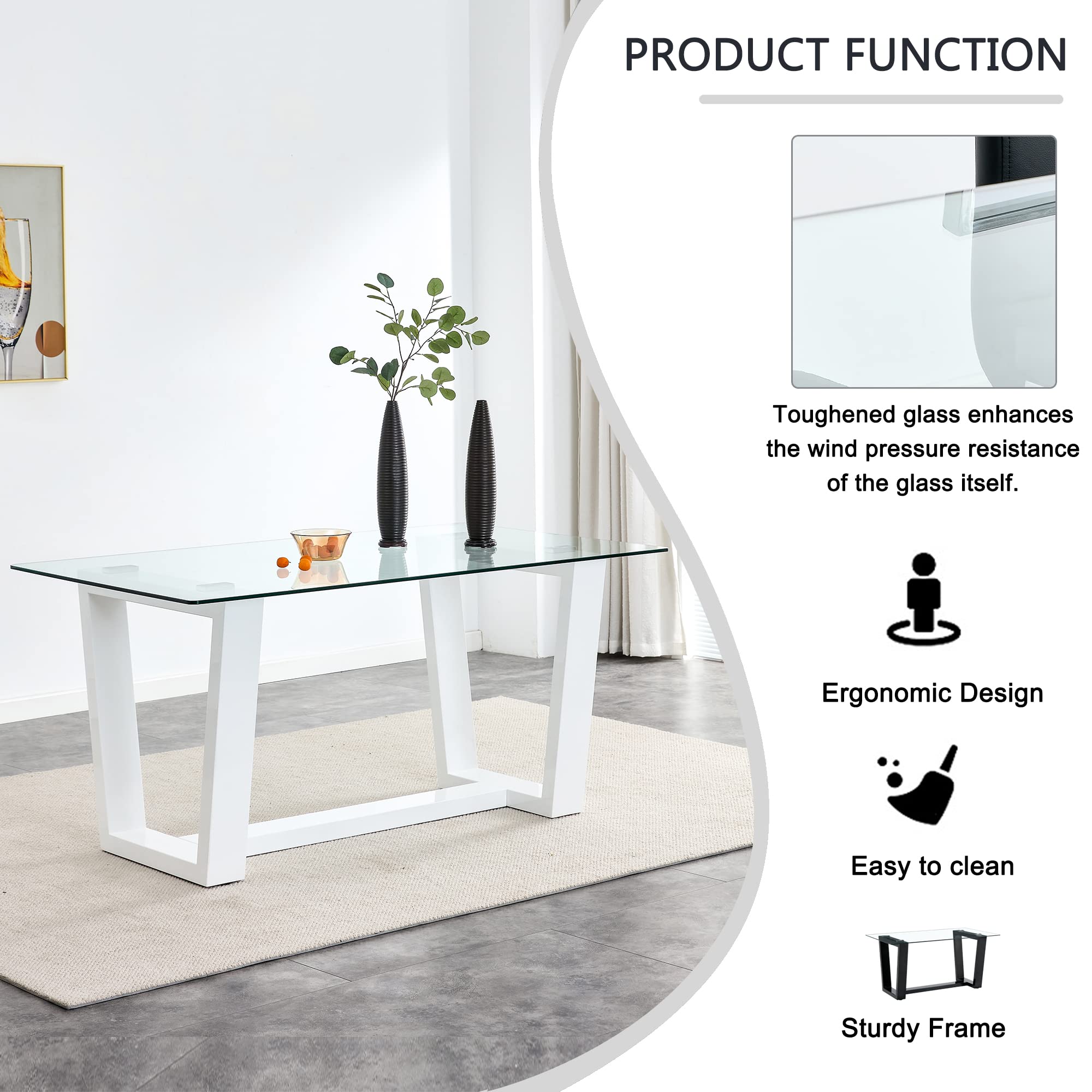 VENBER 63" Rectangular Glass Dining Table for 6-8, Large Modern Minimalist with 0.4" Tempered Glass Tabletop and MDF Trapezoid Bracket,for Kitchen Dining Living Meeting Room (White)